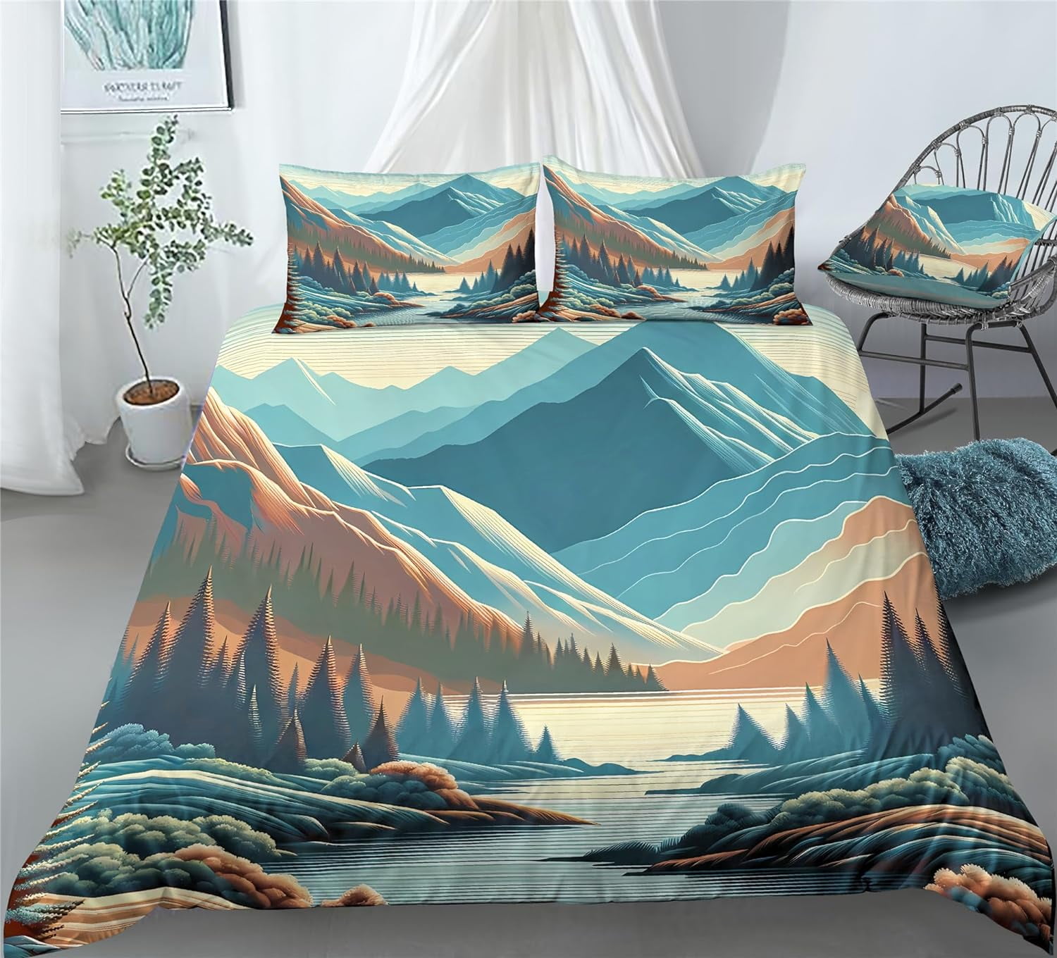 REALIN Mountain Forest Natural Scenery Duvet Cover Set Mountain Sunset ...