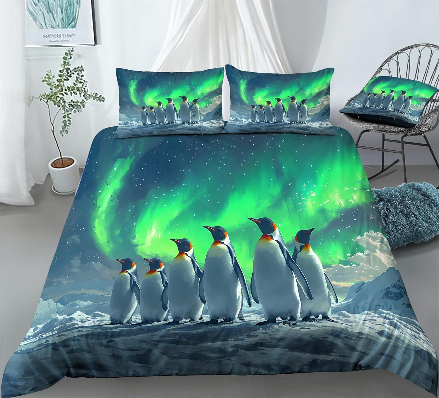 REALIN Penguin Aurora Theme Bedding Animal Penguin Duvet Cover Set Girl Boy Kids Bed Sets 3/4PCS ...