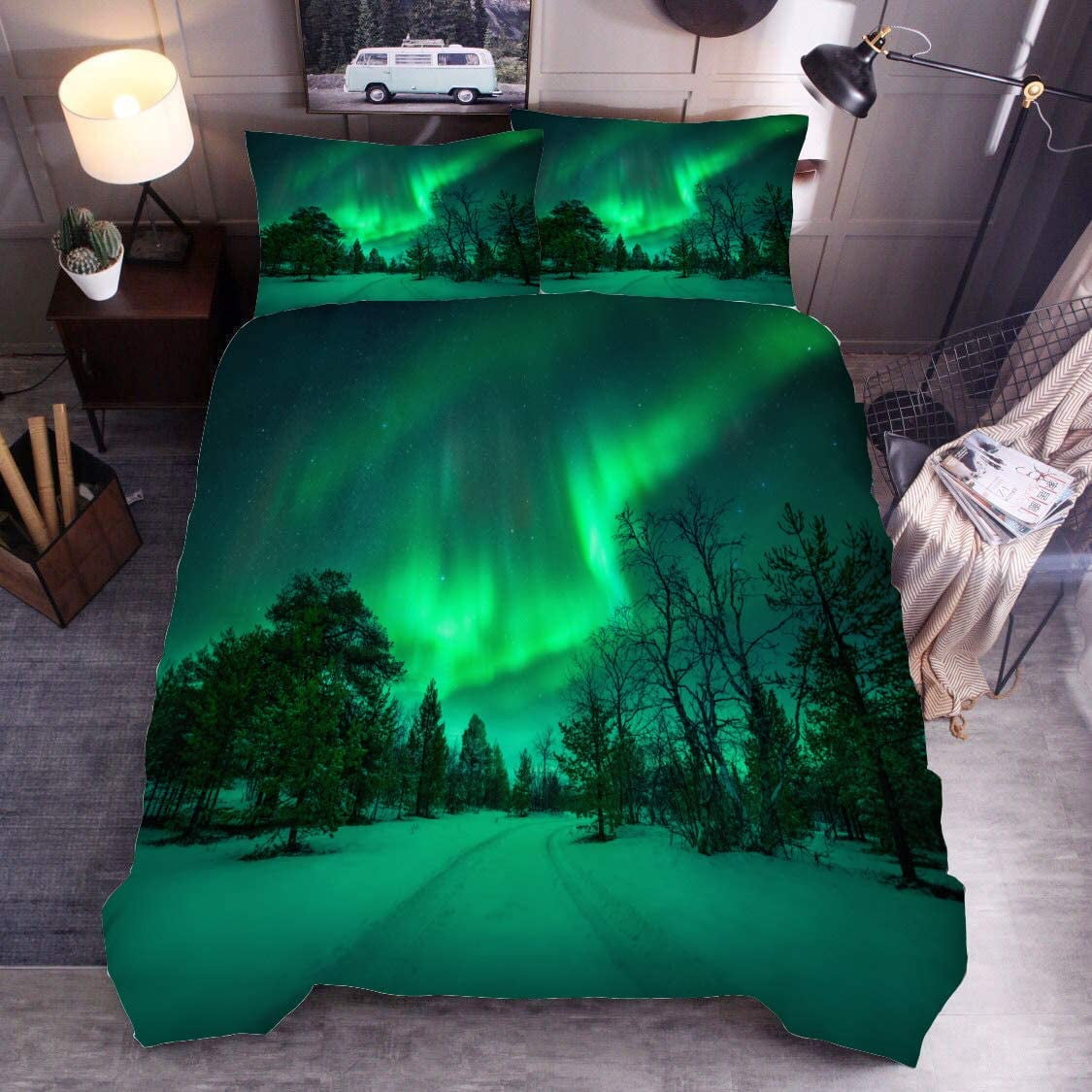 REALIN Purple Aurora Borealis Duvet Cover Set Aurora in The Snow Bedding Aurora Bed Sets 2/3 ...