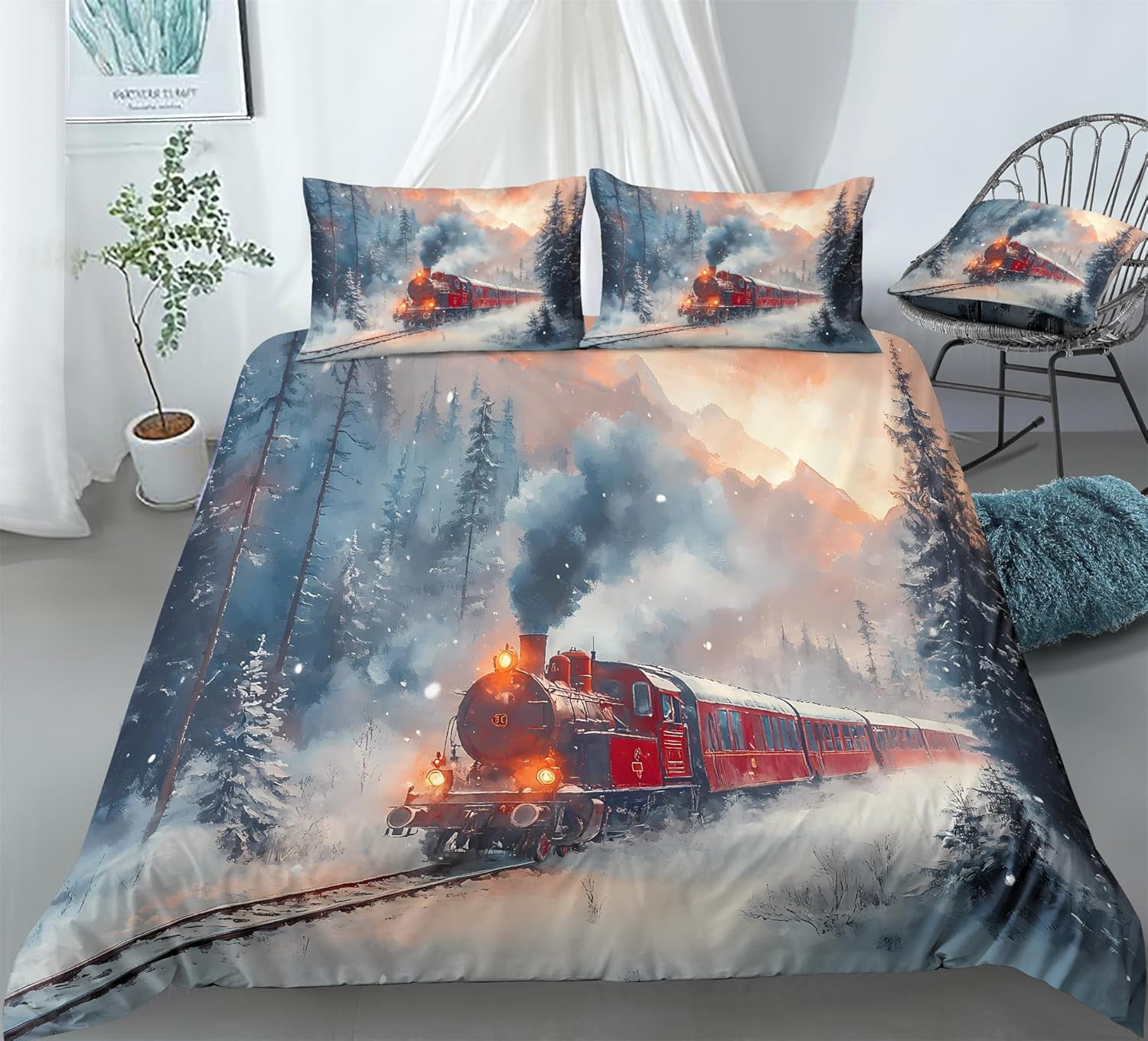 REALIN Retro Trains Print Theme Bedding Locomotive Duvet Cover Set Girl ...