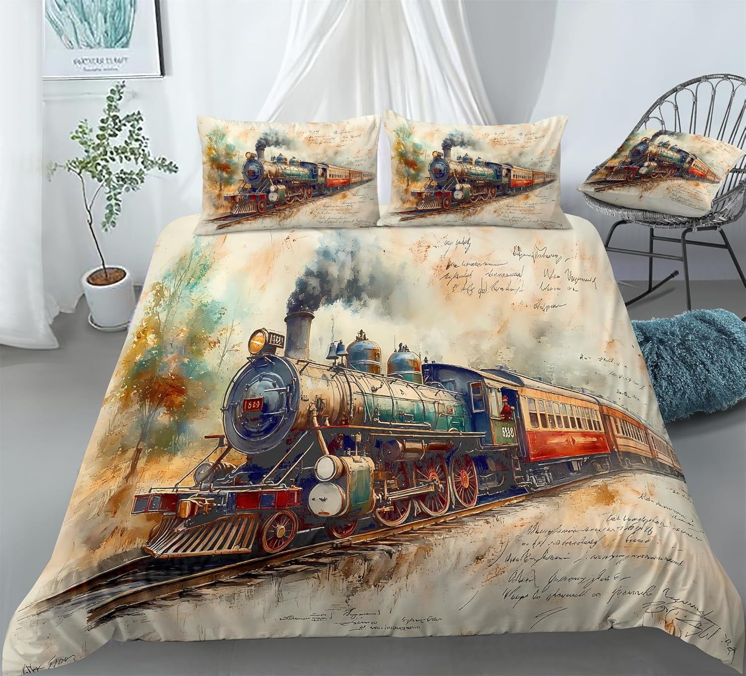 REALIN Retro Trains Print Theme Bedding Locomotive Duvet Cover Set Girl ...
