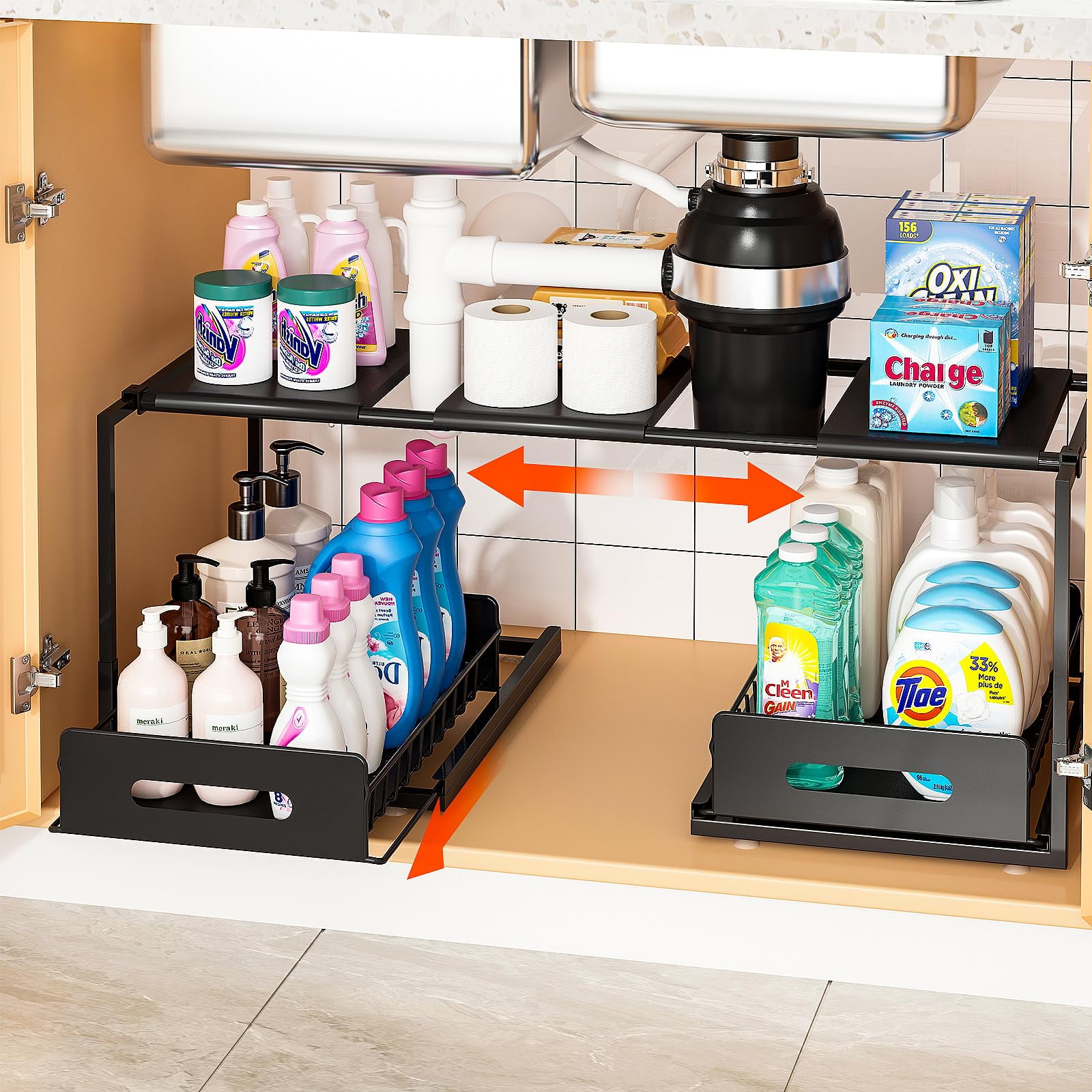 REALINN Extendable Under Sink Organizer, 2 Tier Pull Out Under Cabinet ...