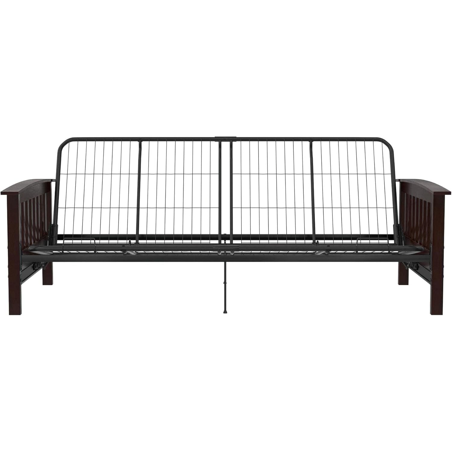 REALROOMS Elbi Full Size Wood Arm and Black Metal Futon Frame, Brown ...