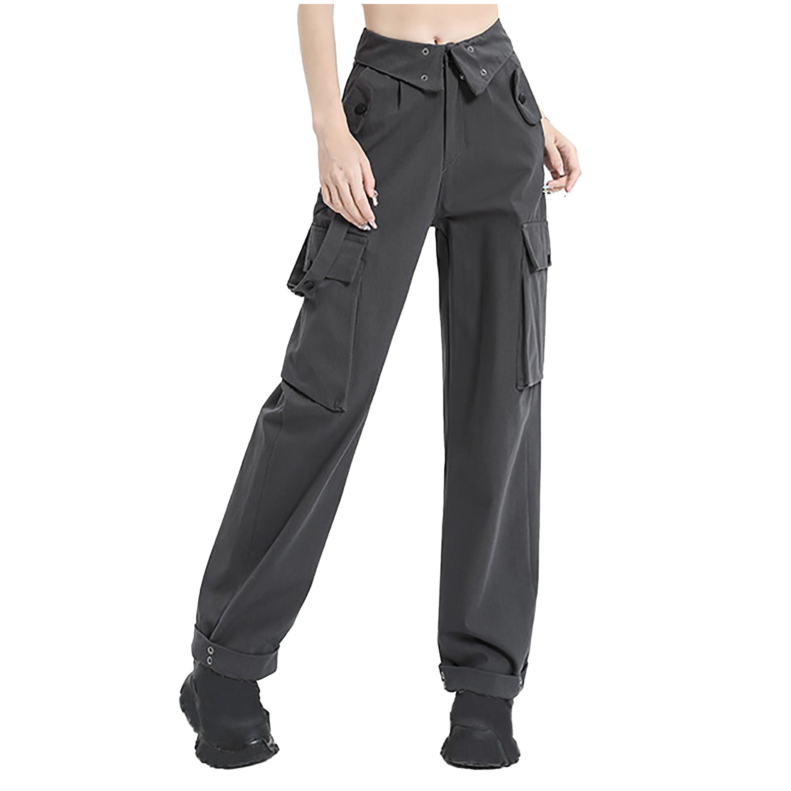 REALiKUN Cargo Pants Straight Wide Leg Baggy Joggers Fold-Over Waist ...