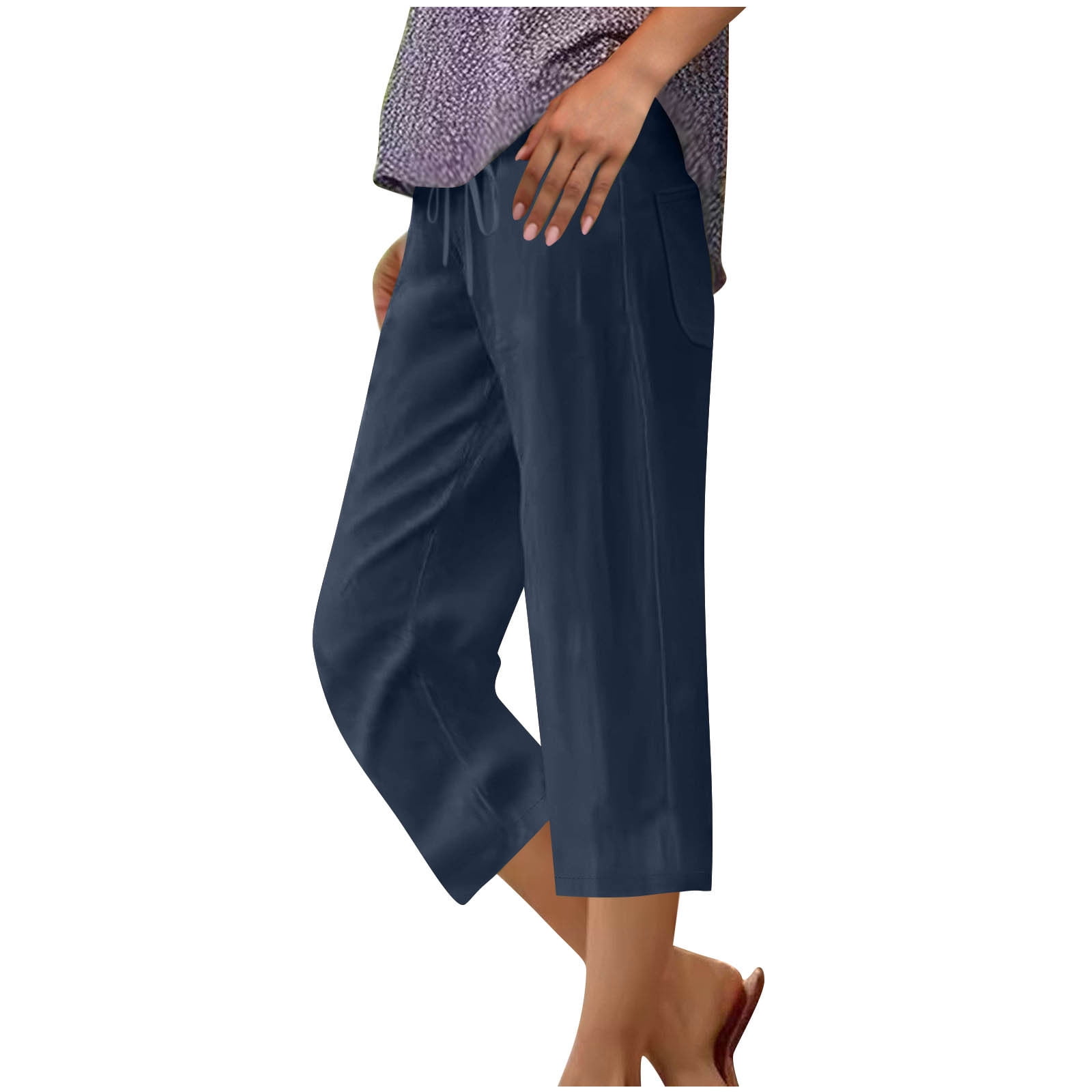 REALiKUN Linen Capri Pants for Women Drawstring Wide Leg Trousers ...