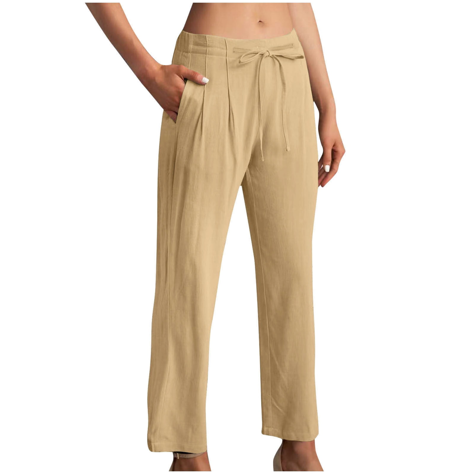REALiKUN Linen Pants for Women High Waisted Wide Leg Capri Elastic ...