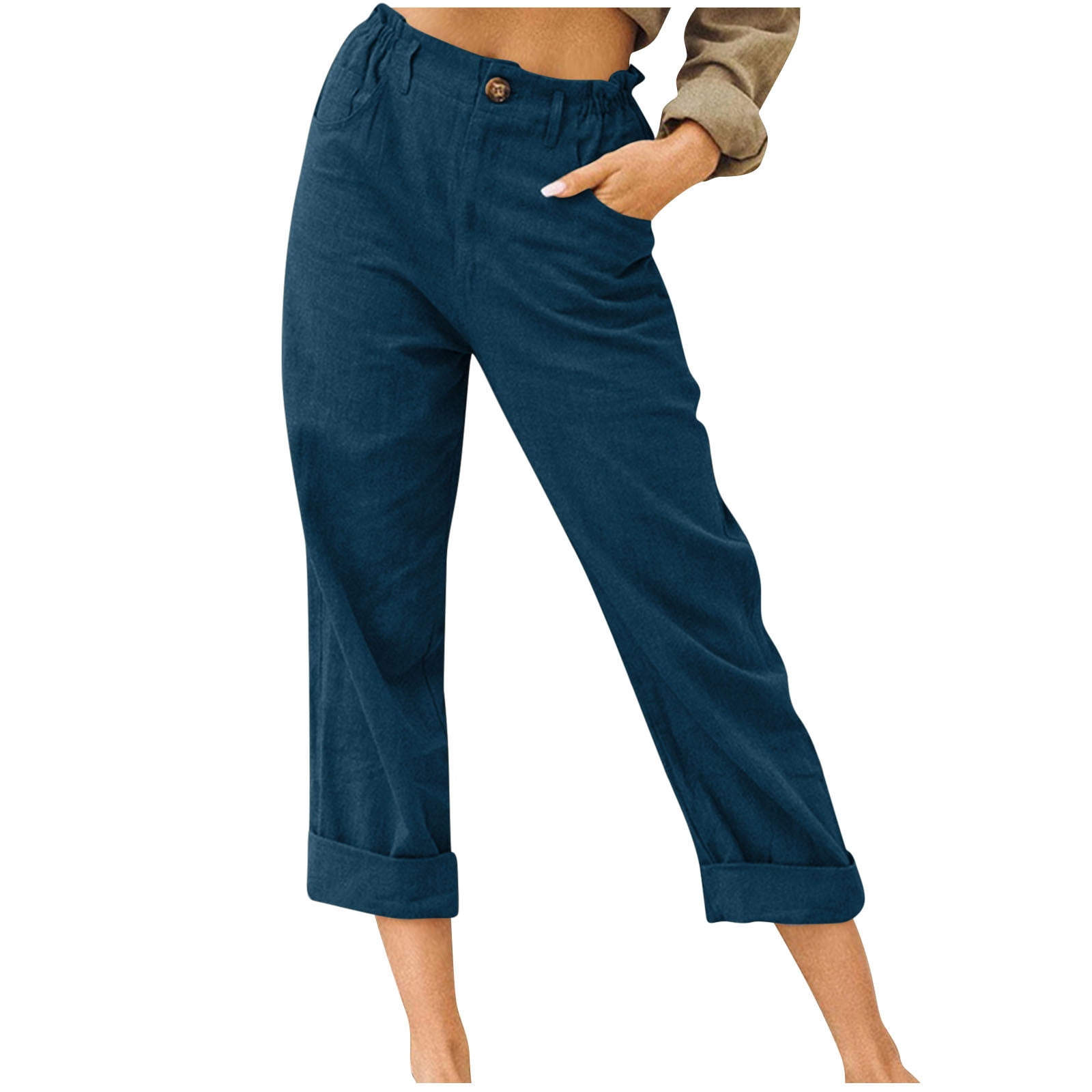 REALiKUN Women Capri Pants Summer Trendy Linen Cropped Trouser with Pockets Beach Casual Cruise ...