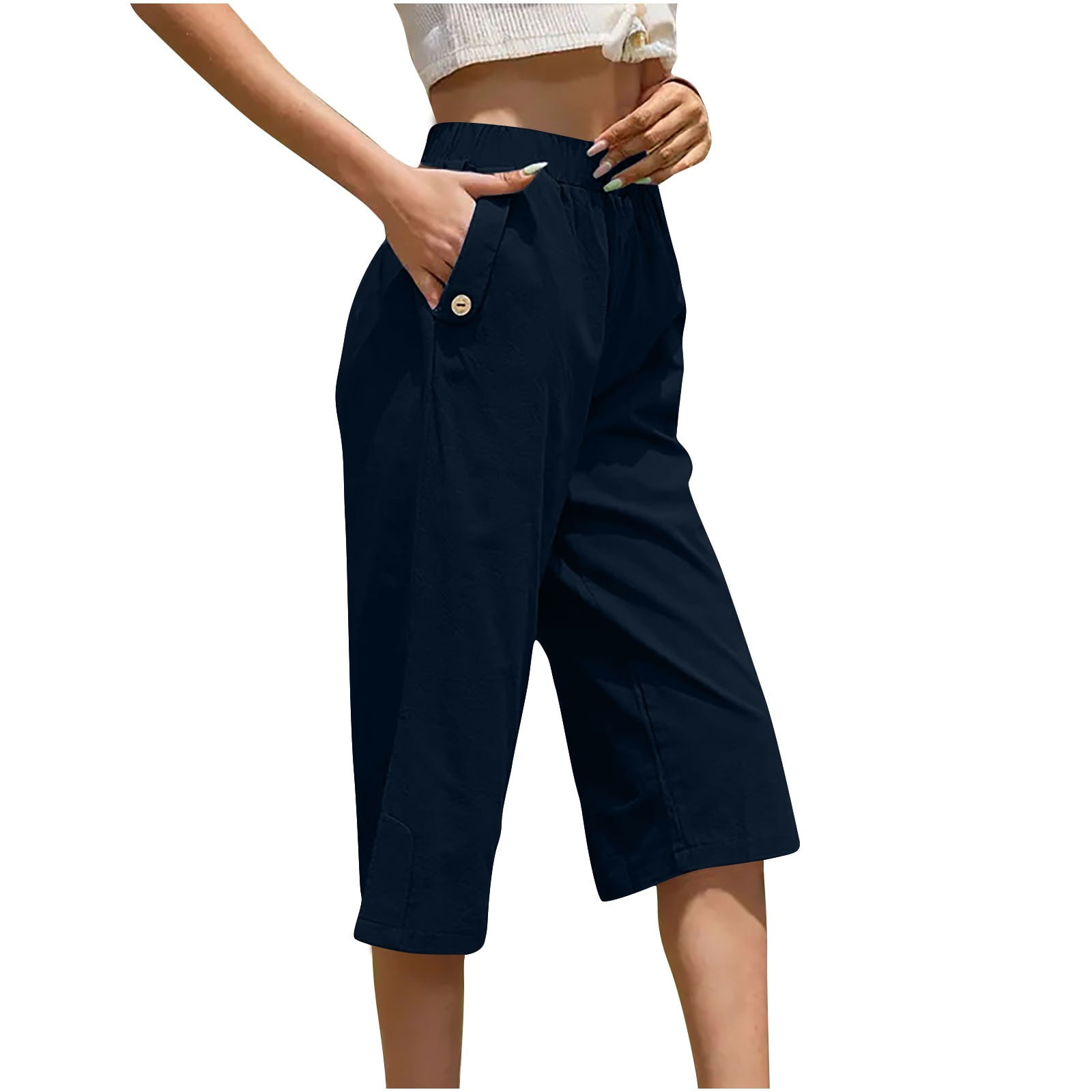 Realikun Women Summer Capri Pants Casual Wide Leg Elastic Waist