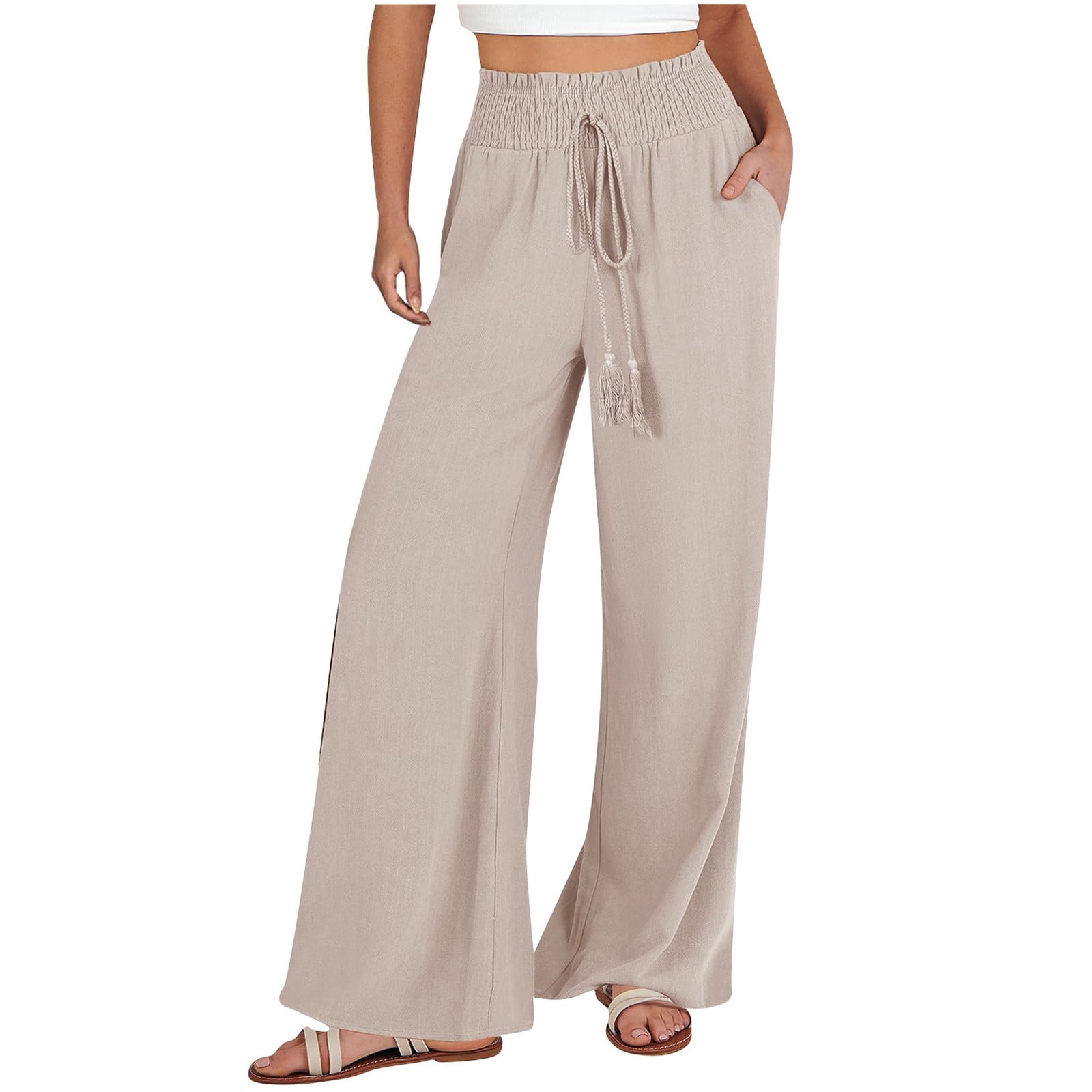 Realikun Womens Cotton Linen Pants Summer Wide Leg Casual Loose