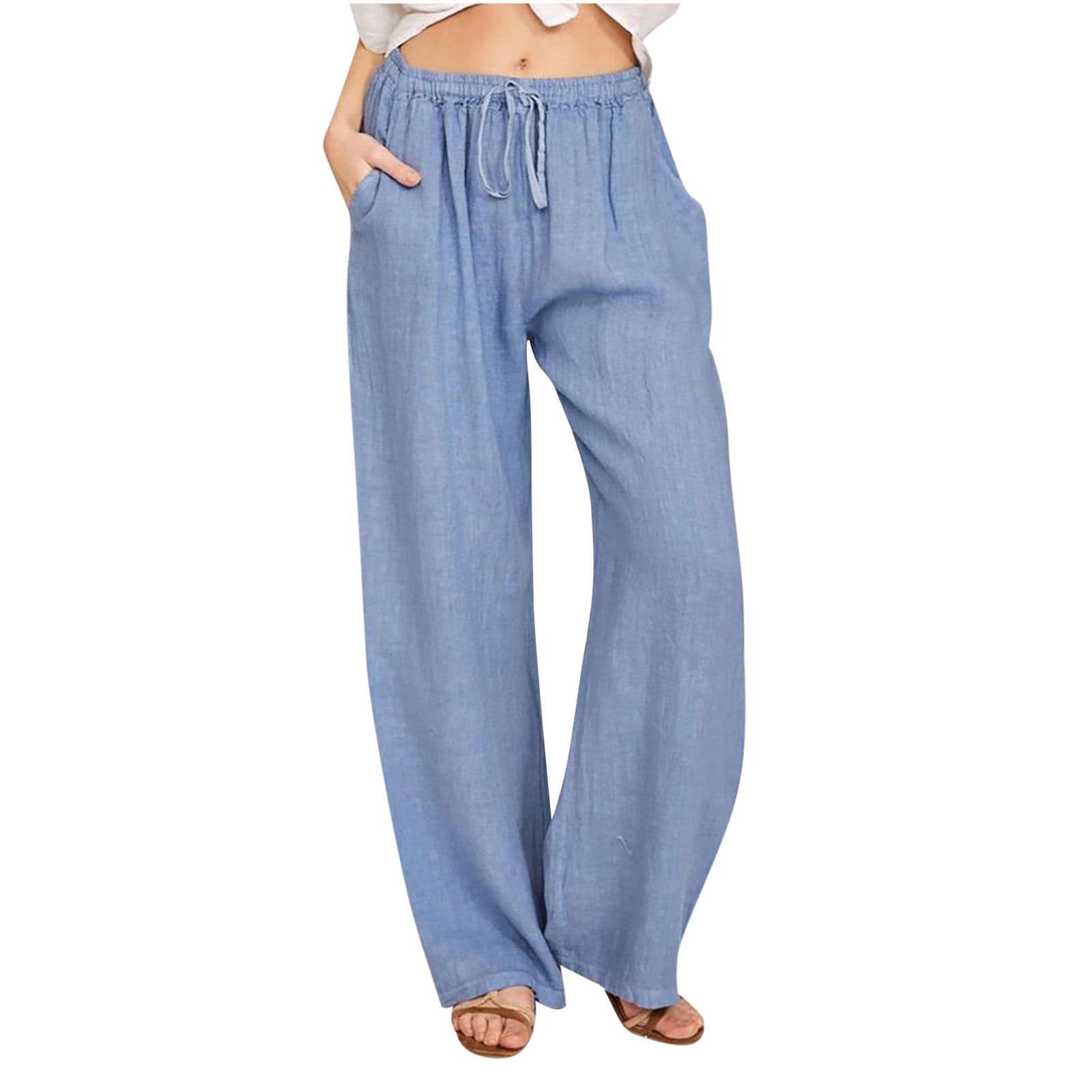 Realikun Womens Cotton Linen Pants Summer Wide Leg Casual Loose