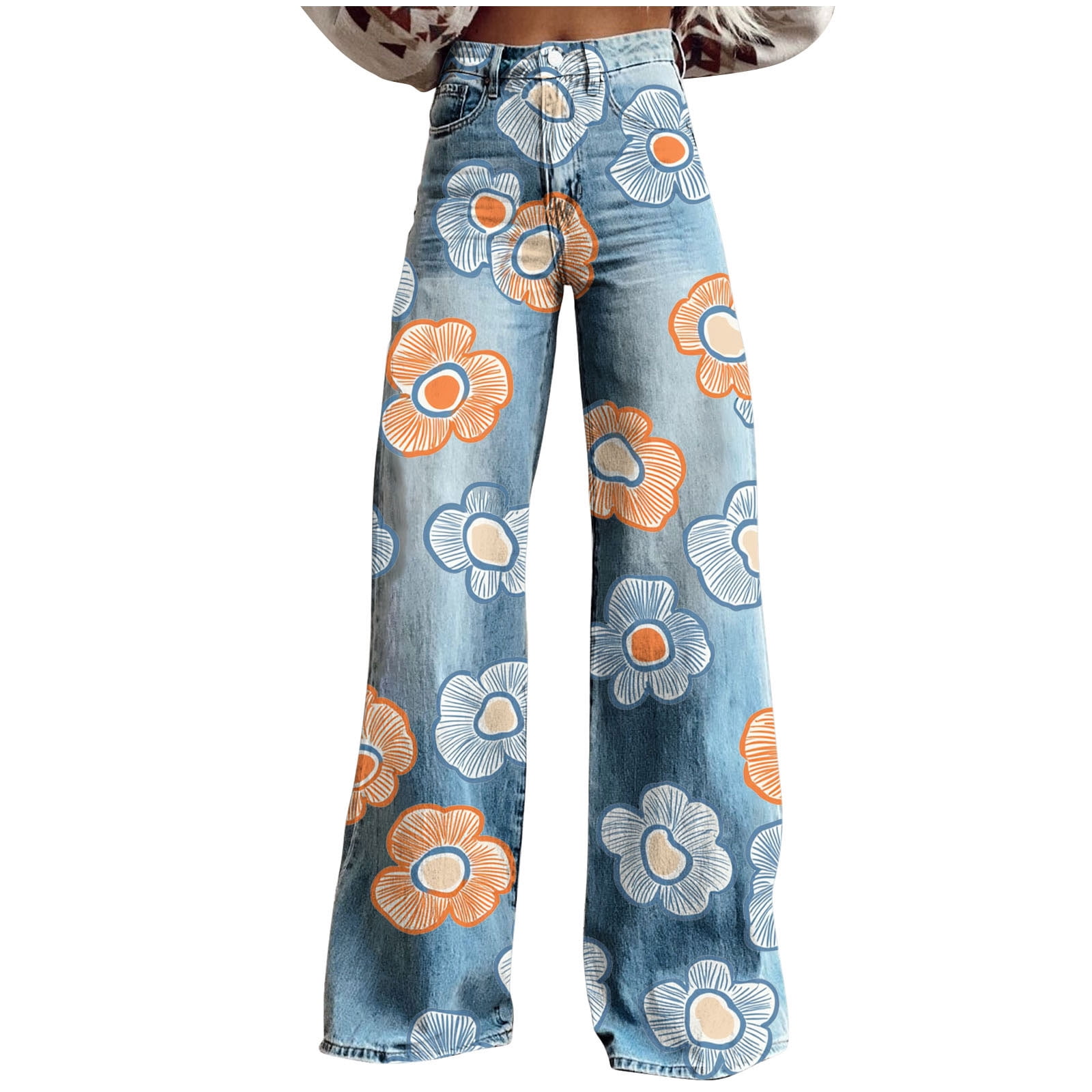 REALiKUN Women's Floral Print Wide Leg Fake Denim Pants - Plus Size ...
