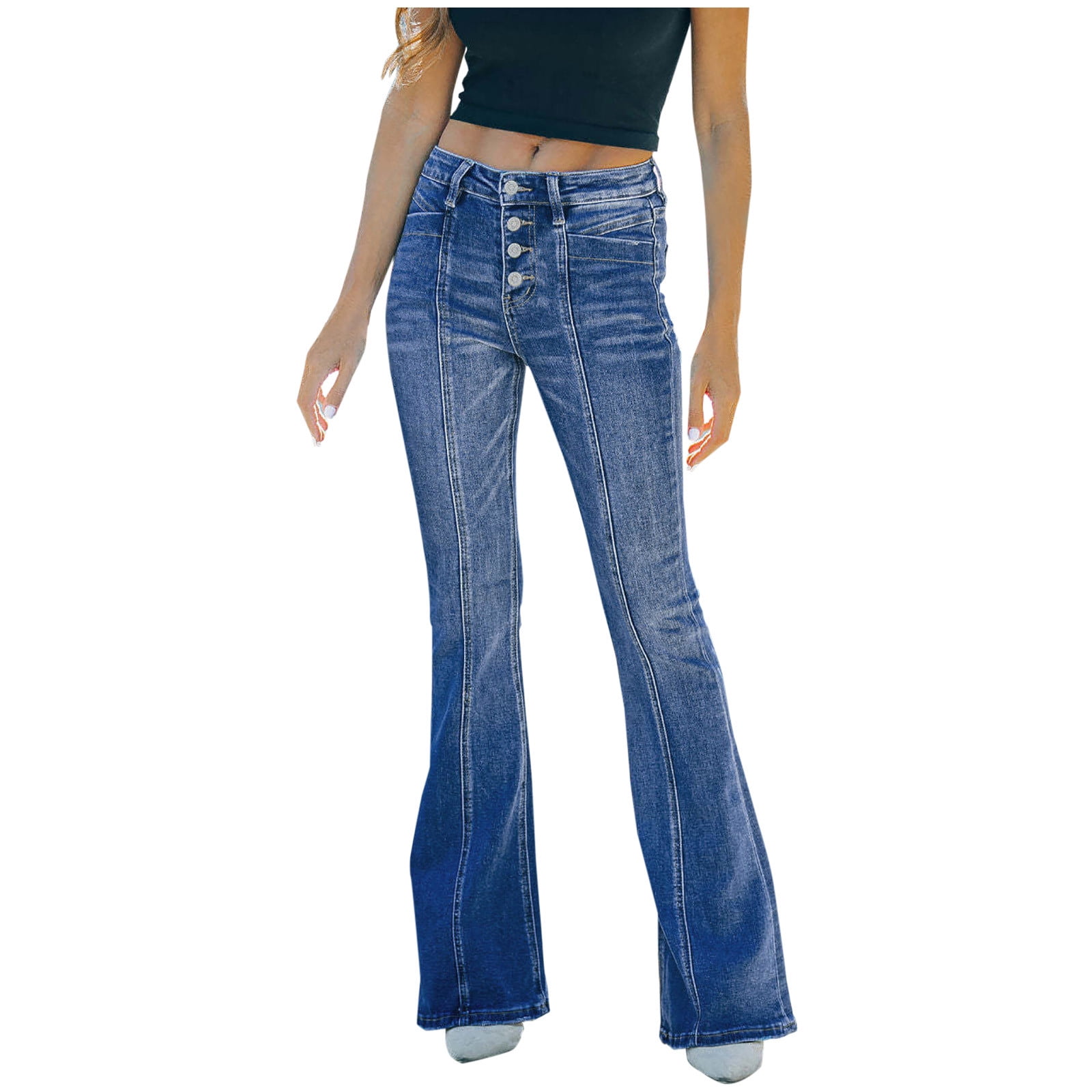 REALiKUN Women's High Waisted Jeans Wide Leg Button Fly Bell Bottoms ...