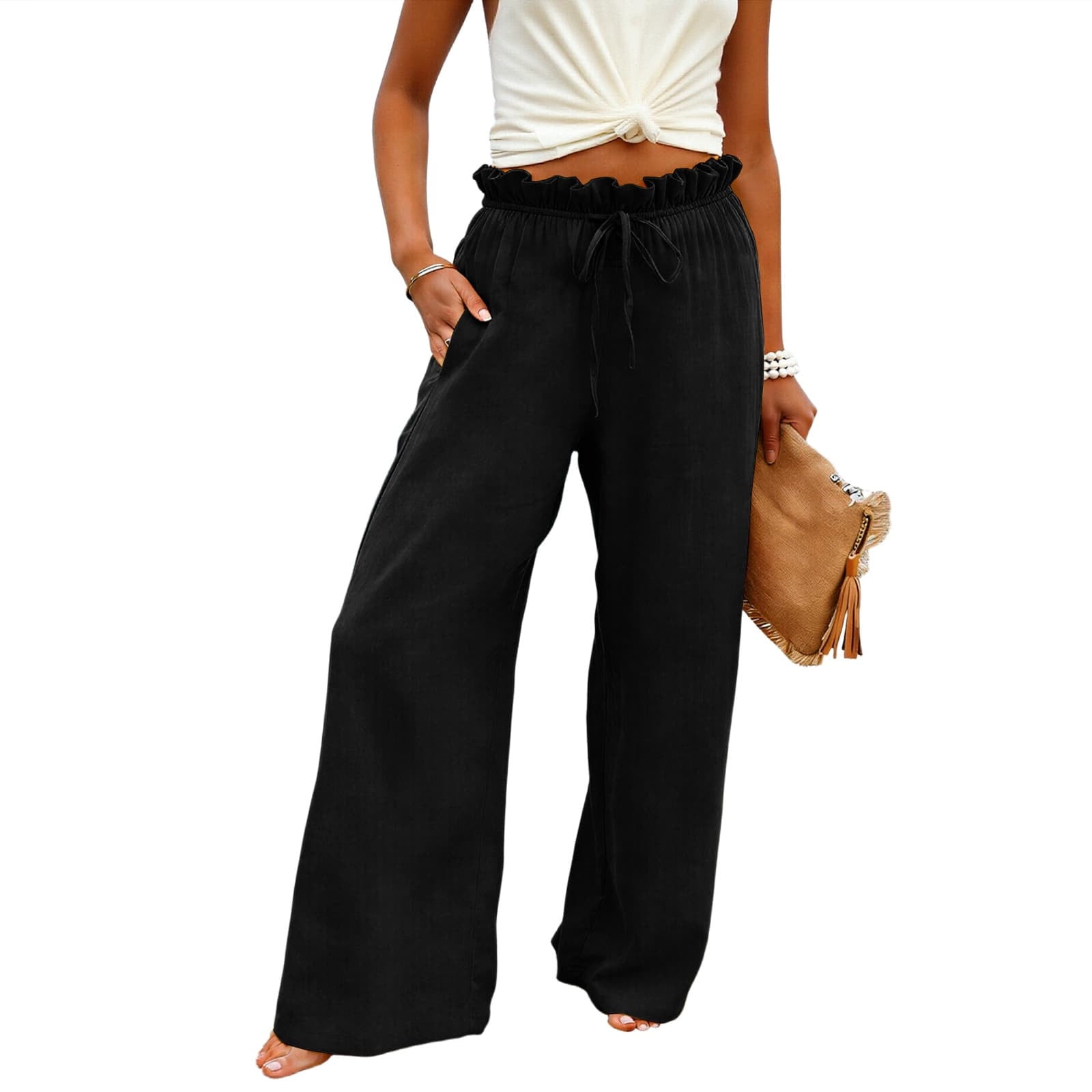 REALiKUN Women's Linen Pull-On Palazzo Pants, High Waist Wide Leg Flowy ...