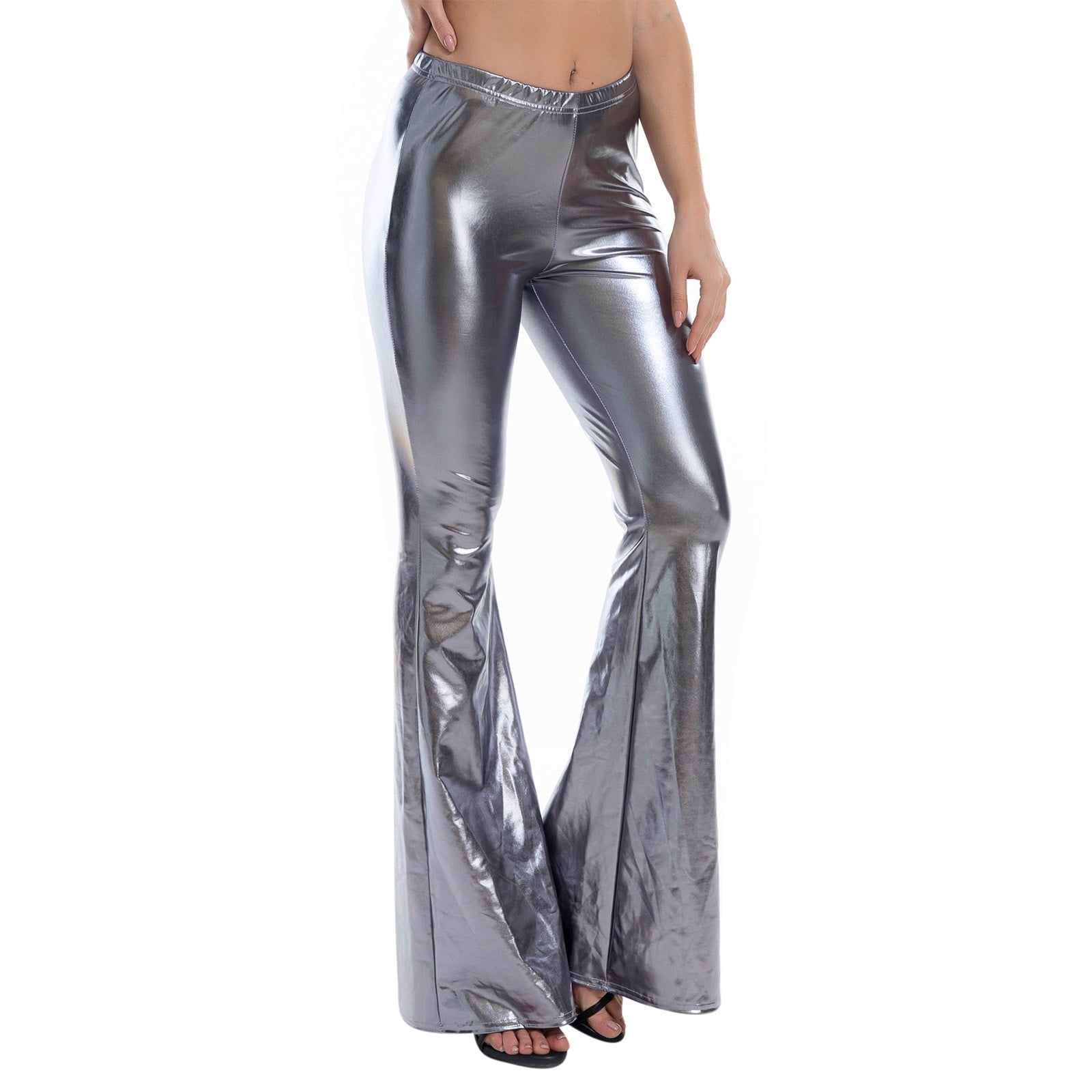 REALiKUN Women's Shiny Metallic Bell Bottoms Vintage 70s Disco Wide Leg ...