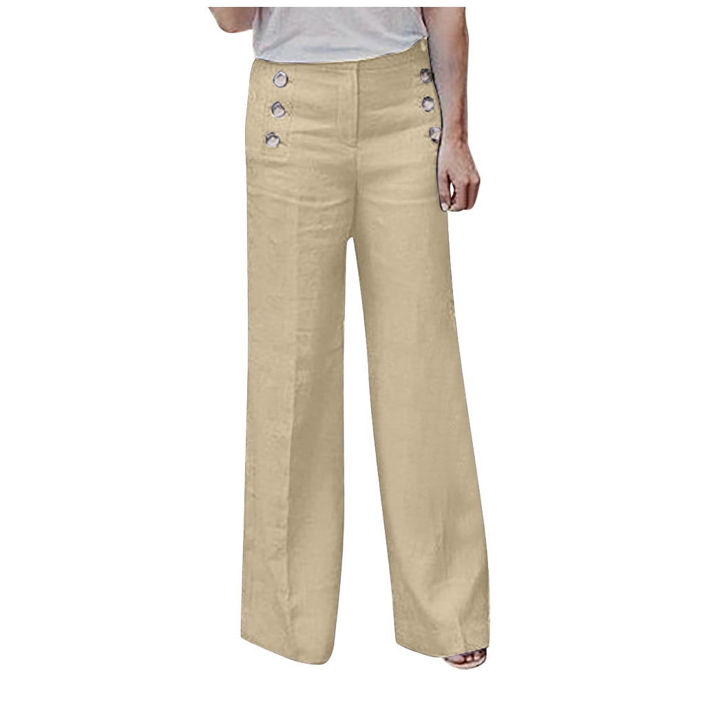 REALiKUN Women's Stretchy High Waisted Wide Leg Button-Down Pants ...