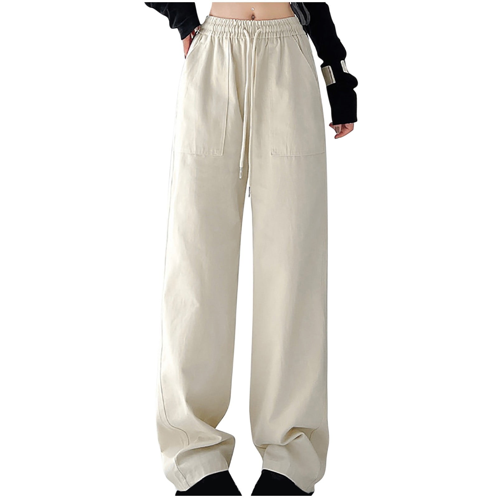 REALiKUN Women's Vintage Big Pocket Hiigh Waist Wide Leg Pants Solid ...