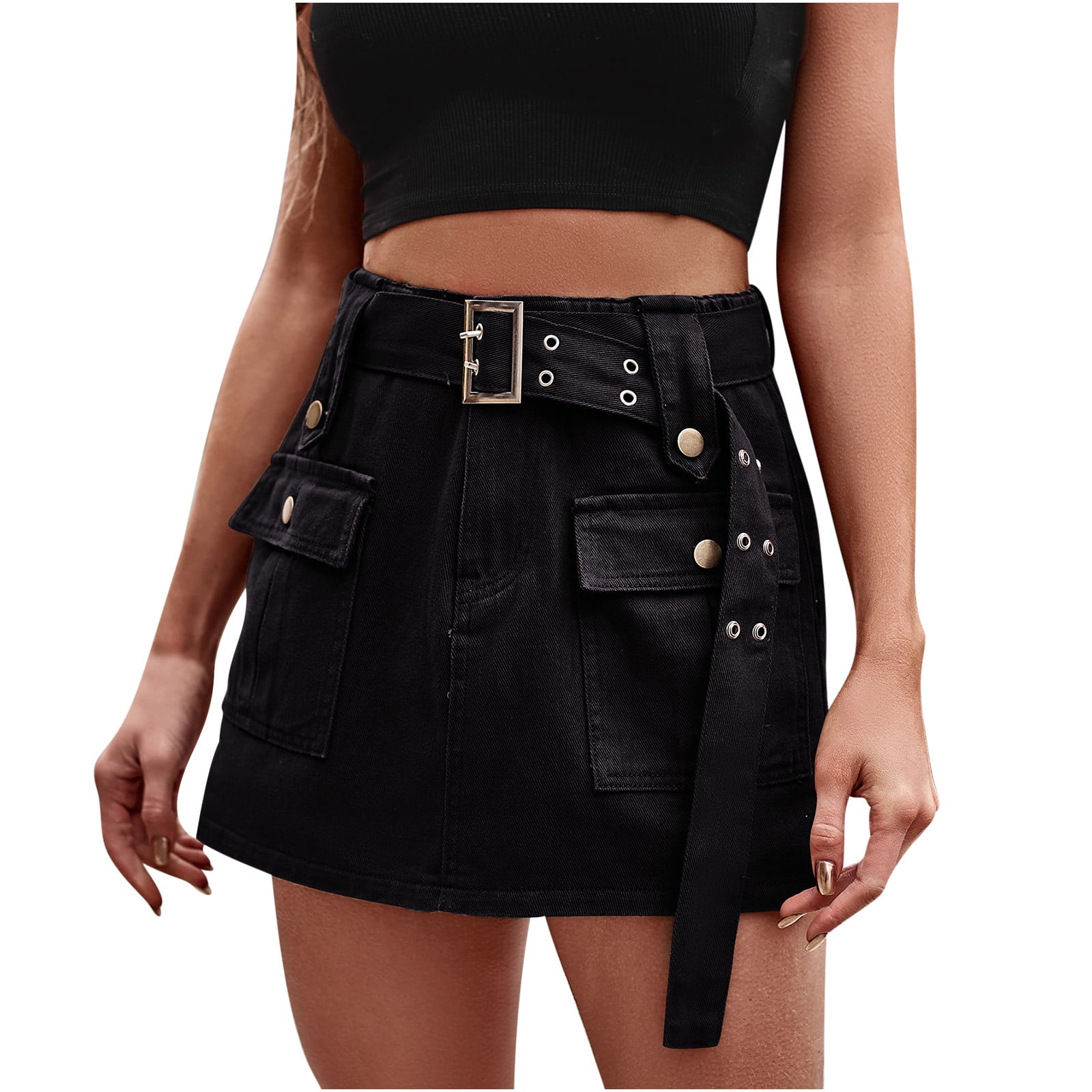 REALiKUN Womens High Waisted Denim Cargo Skirt Shorts Jean Skorts Punk ...