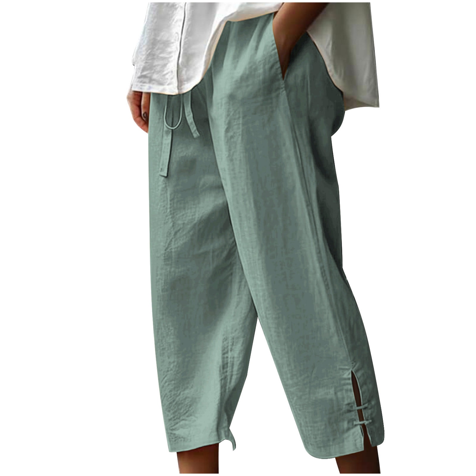 REALiKUN Womens Linen Pants Summer Casual Capri Pants Cropped Tapered ...