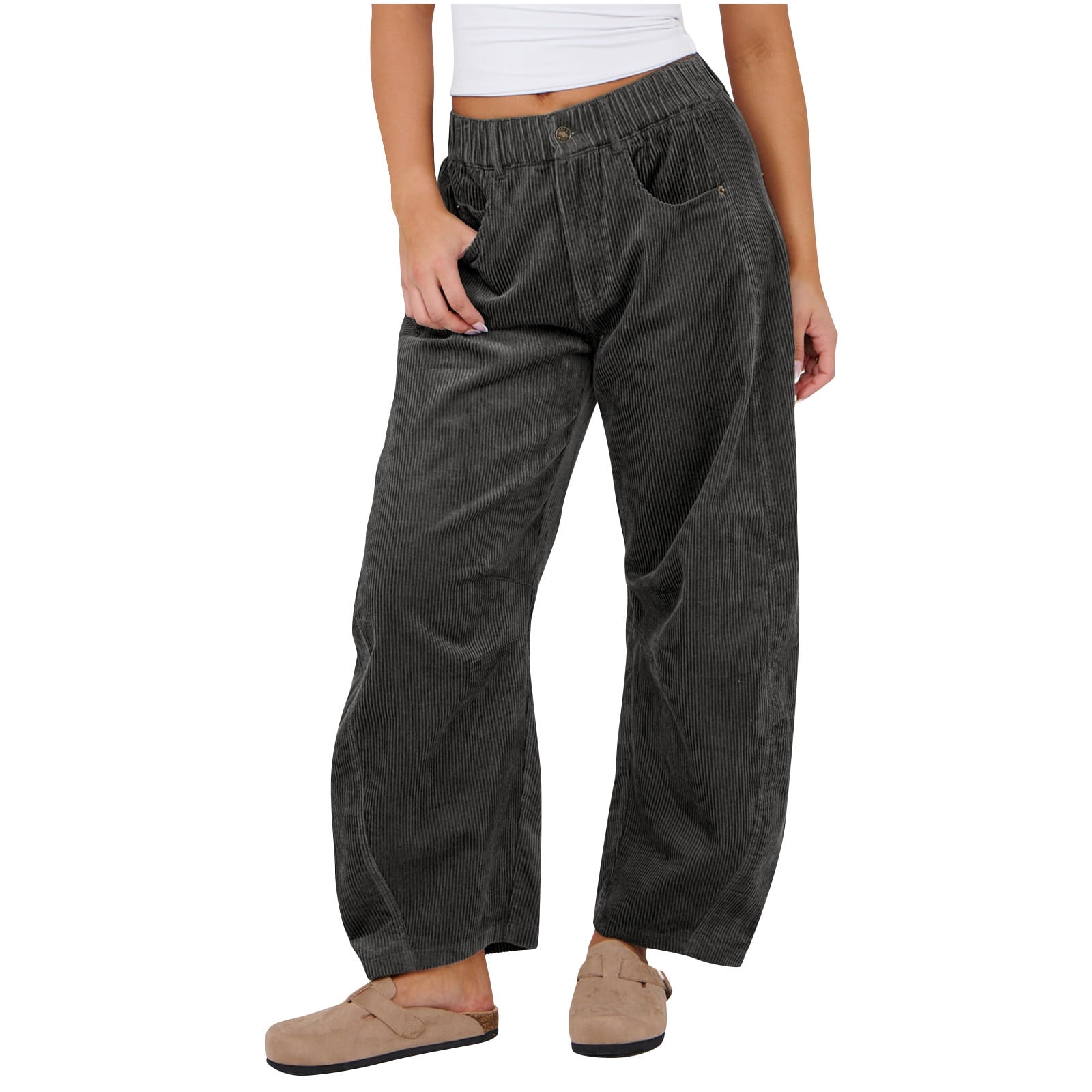 REALiKUN Womens Mid Rise Cord Barrel Jeans Casual Baggy Wide Leg ...