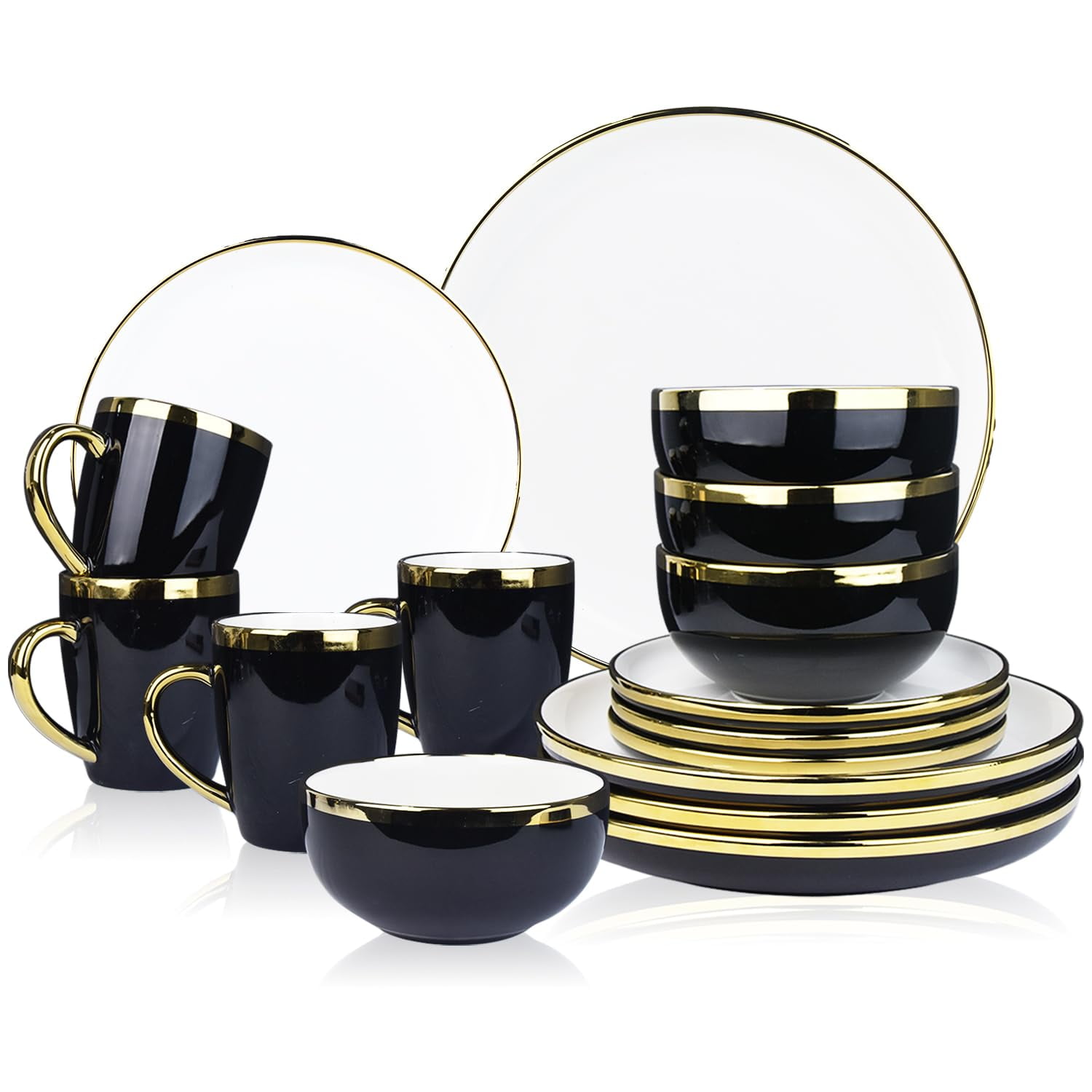 REANRO 16-Piece Plates and Bowls Sets, Ceramic Dinnerware Sets for 4 ...
