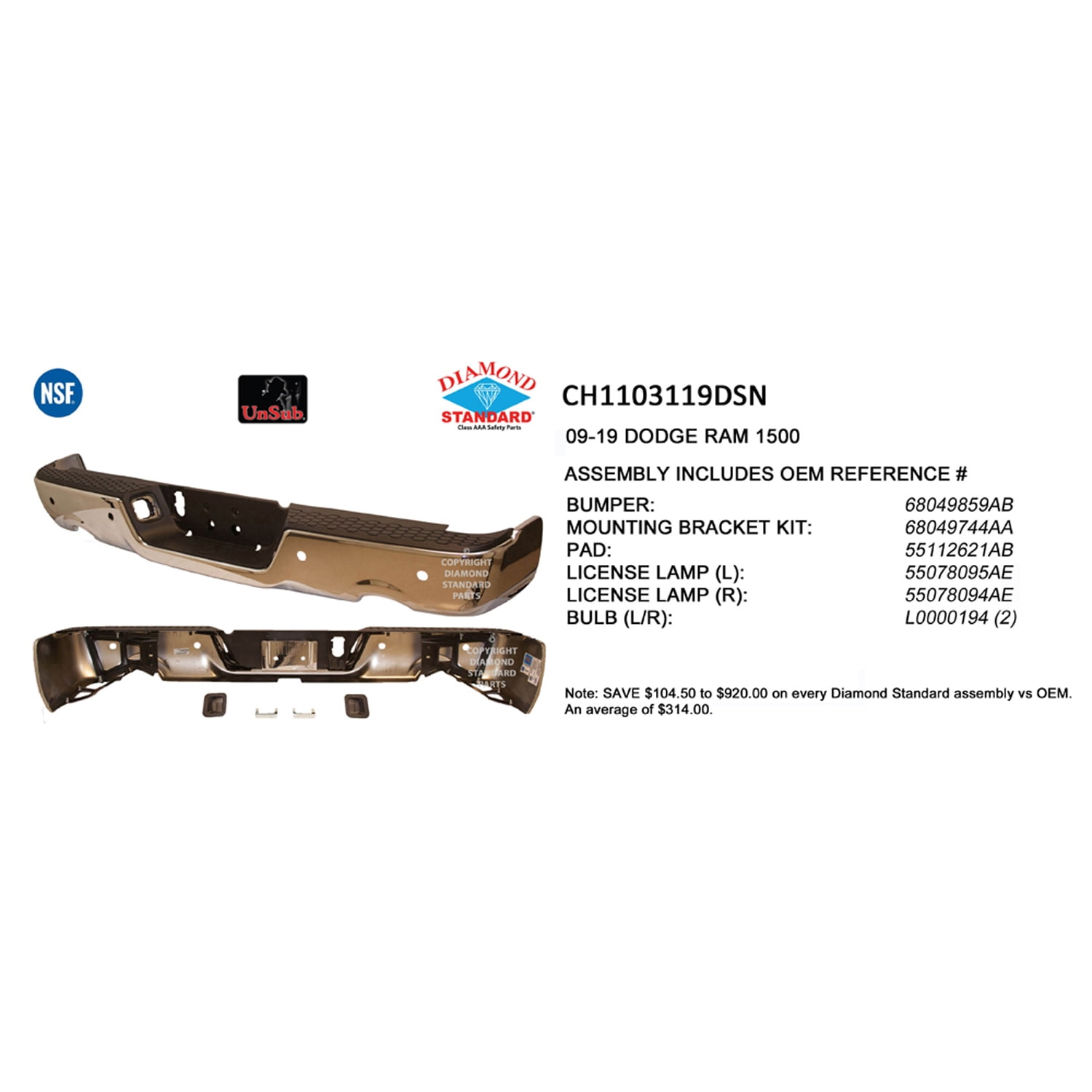 REAR STEP BUMPER ASSEMBLY; CHROME FINISH; FOR 1500 MODELS WITH DUAL ...