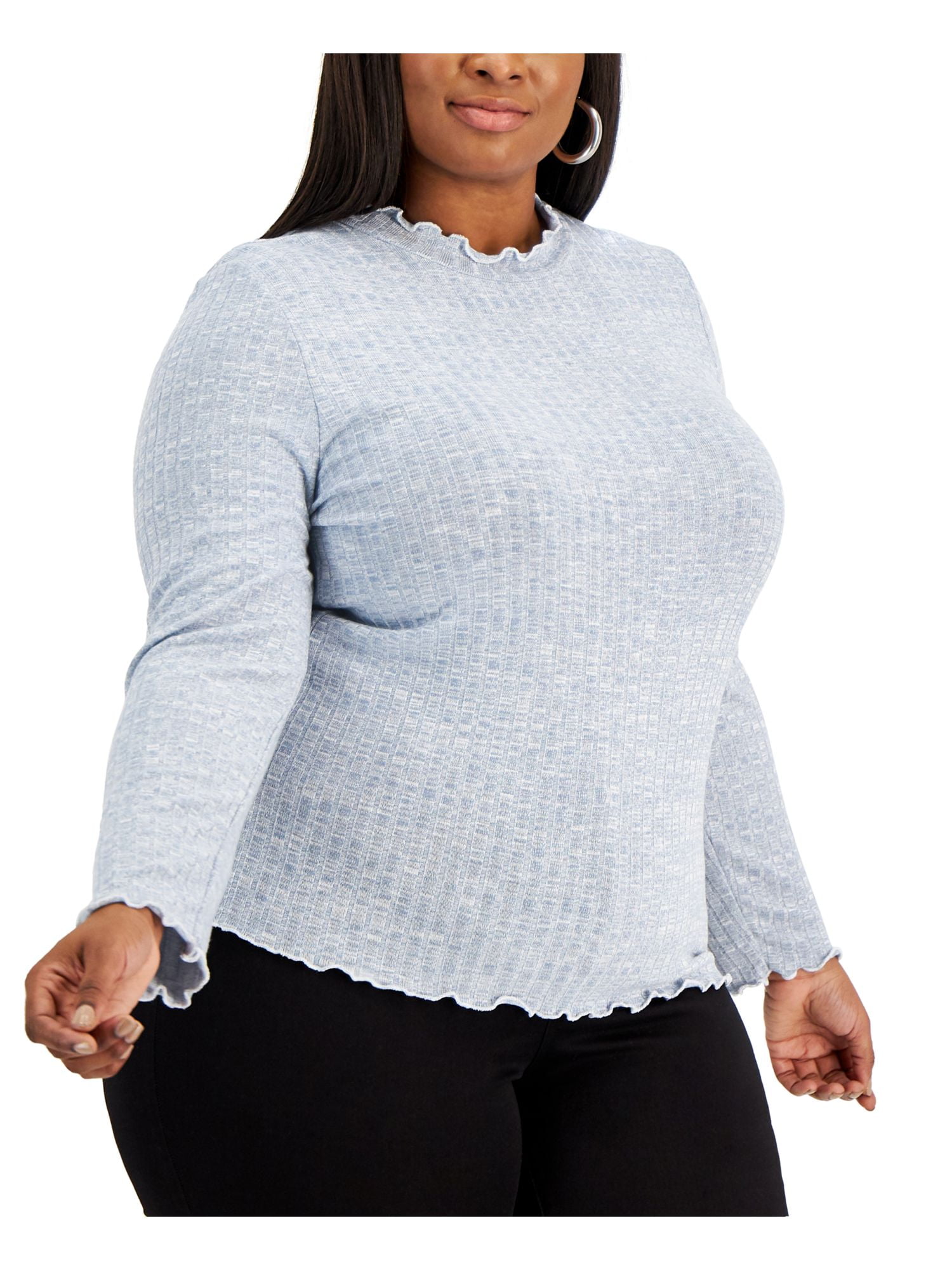 REBELLIOUS ONE Womens Light Blue Stretch Ribbed Scalloped Long Sleeve ...