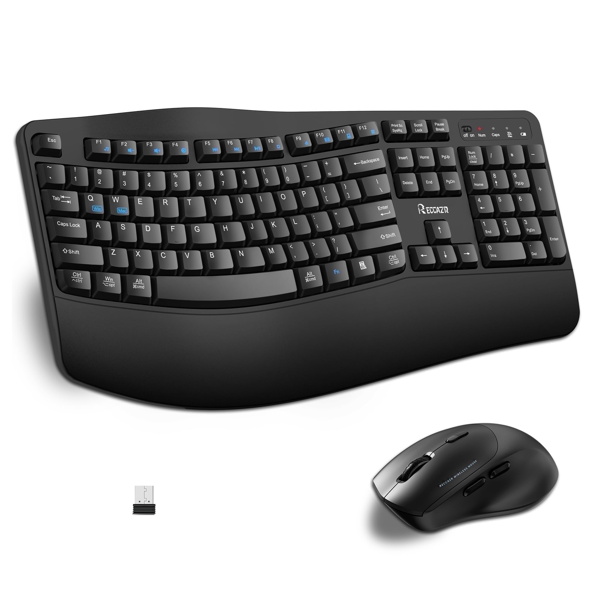 RECCAZR Ergonomic Wireless Keyboard and Mouse Combo, Leather Cushioned ...