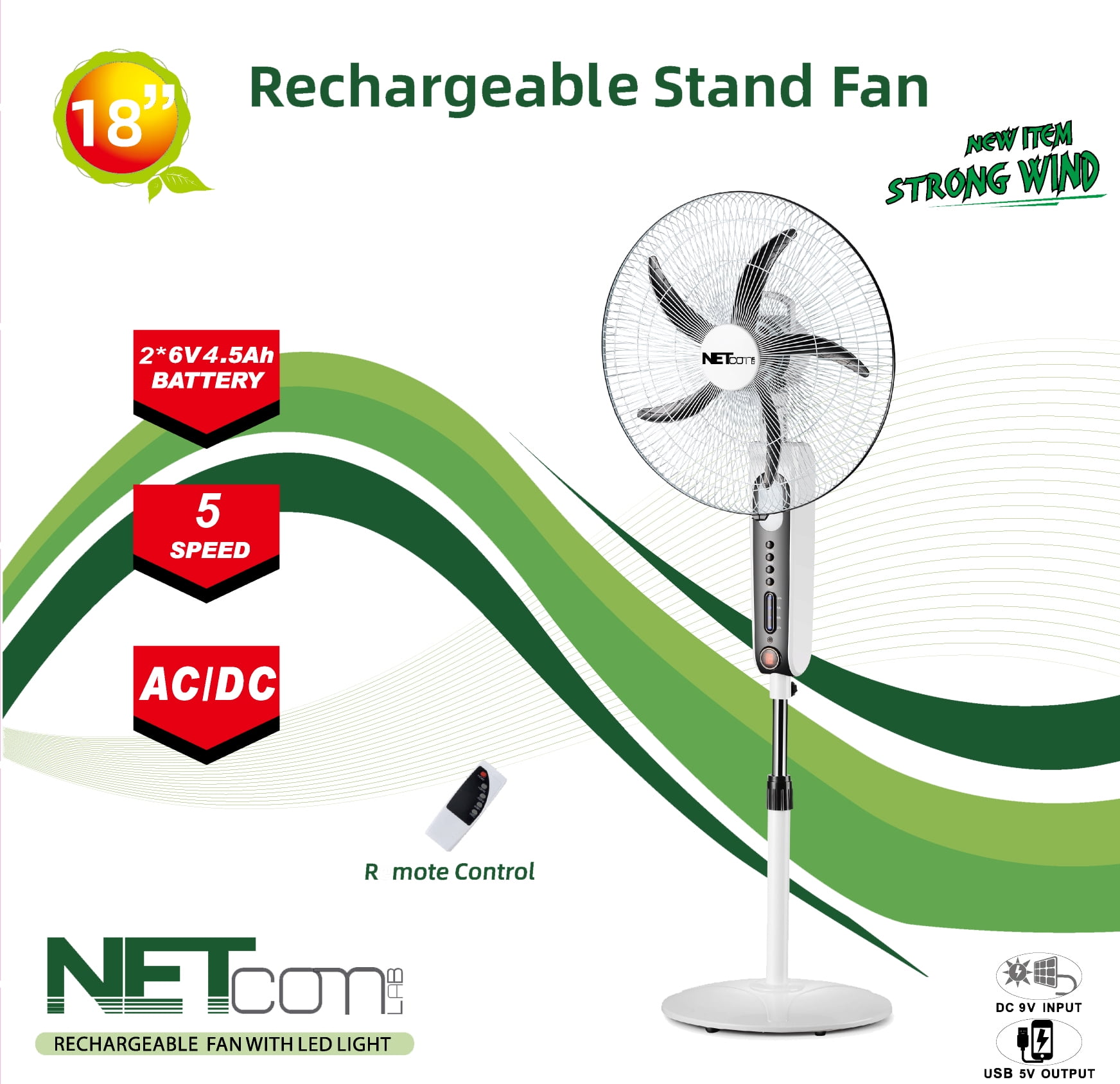 RECHARGEABLE FAN 18” Oscillating 5 Speed Fan, AC/DC operated VAR-16305 ...