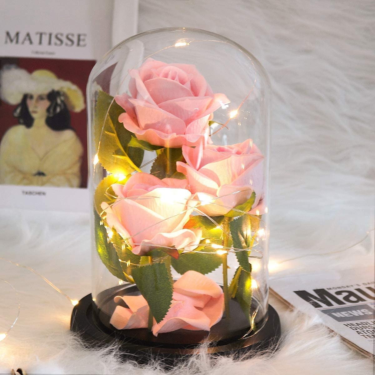 RECUTMS 3 Pink Artificial Roses Flower and Led Light in a Glass for ...