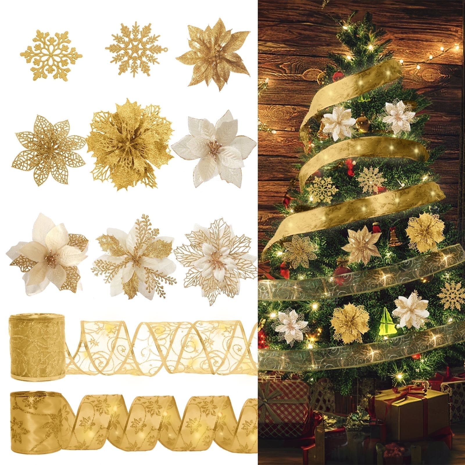 RECUTMS 72Pcs Christmas Poinsettia with 21Pcs Clips 9 Design Glitter ...