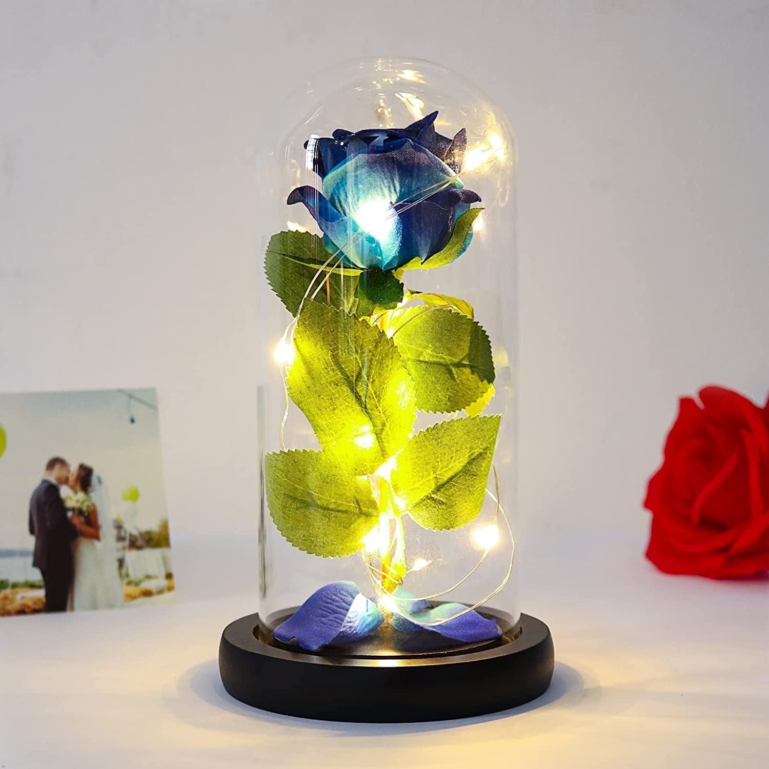RECUTMS Artificial Rose Flowers Blue Glass Rose Silk with Led Light ...