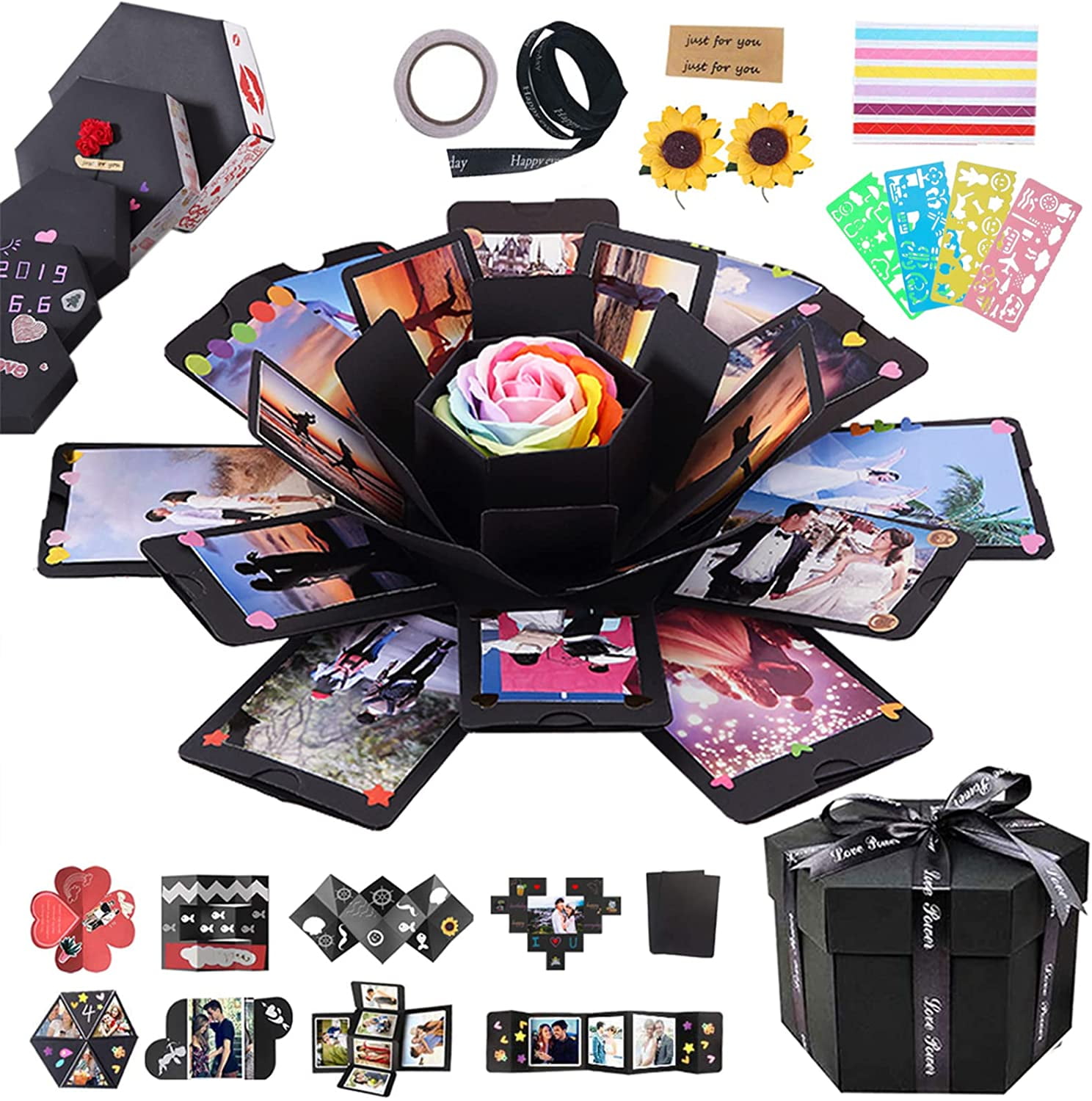 RECUTMS DIY Handmade Black Explosion Box Photo Album, Gift Box with 6 ...