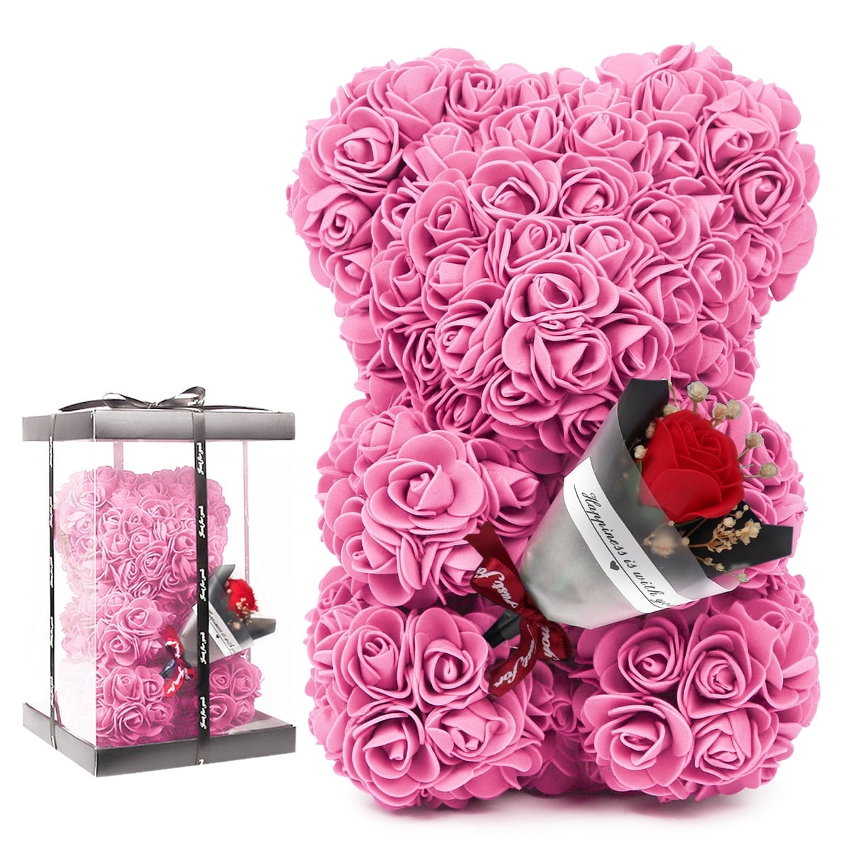 RECUTMS 10 inch Pink Rose Teddy Bear, Cute Artificial Flower Gift for ...