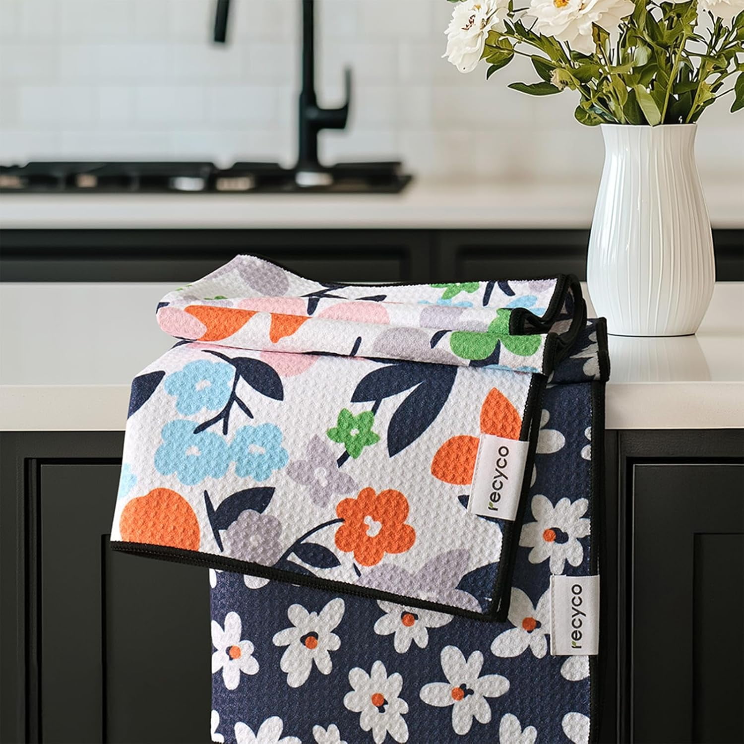 RECYCO Waffle Kitchen Towel Set of 2 - Quick Dry Microfiber Sustainable ...