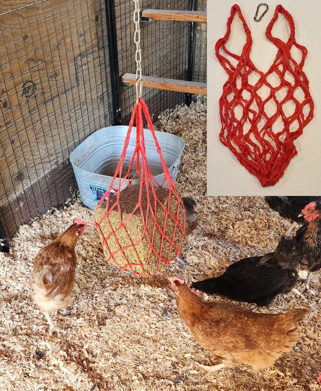 RED Chicken Coop Flock Block Bird Seed Hanging Bag Veggie Treat Holder ...