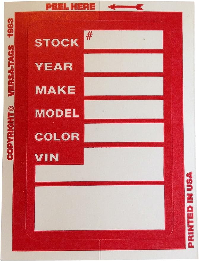 RED Dealer Stock Sticker Versa-Tags Stock Tag Versa Decal 100 Kleer-Bak ...