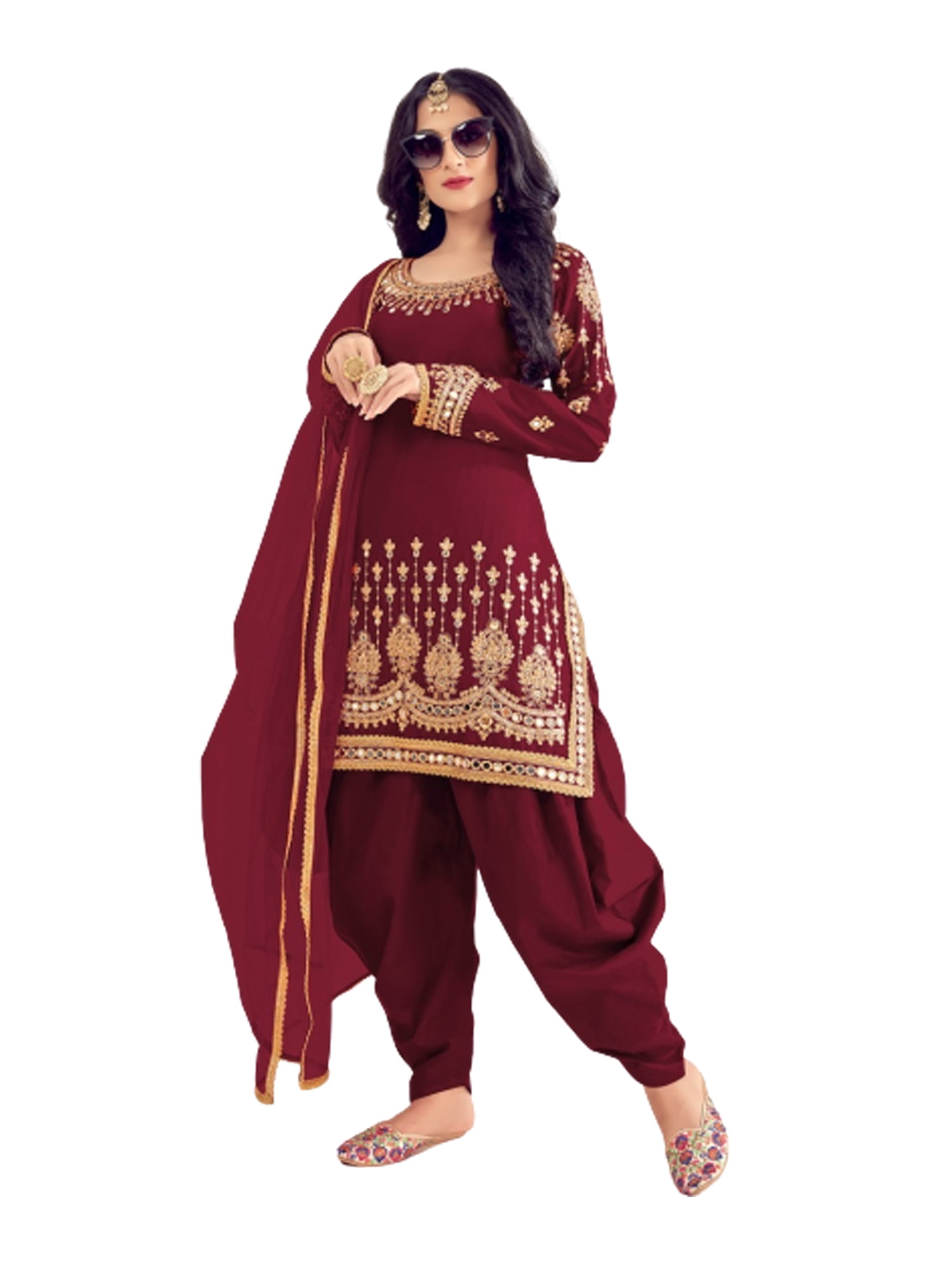 RED Indian Ethnic Stitched Soft Silk Mirror work Woman Punjabi Patiyala ...