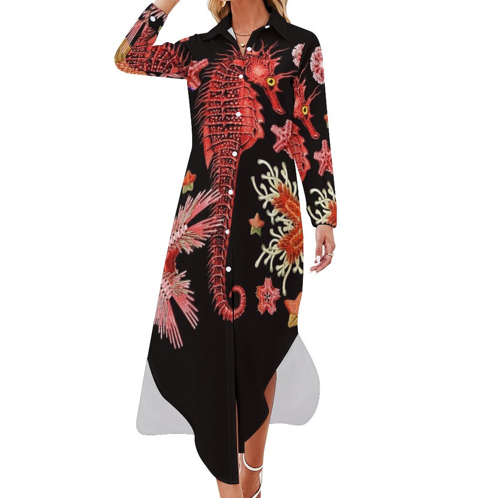 RED SEAHORSE AND SEASTARS IN BLACK Sea Life Long Sleeved Shirt Dress ...