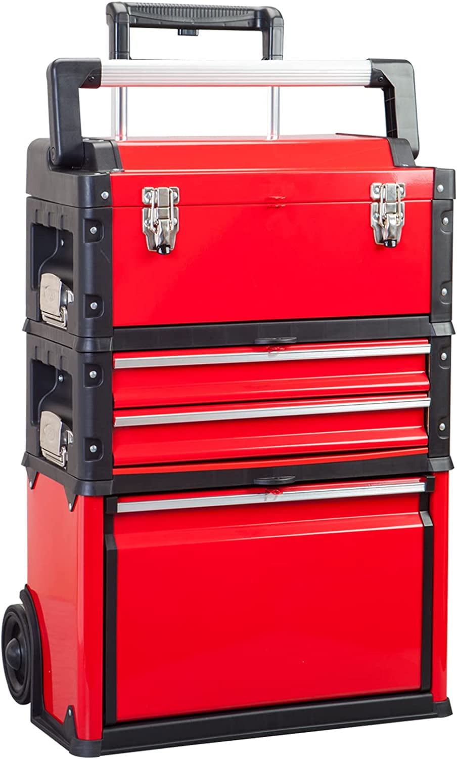 RED Stackable Portable Metal Tool Box Organizer with Wheels and 2 ...