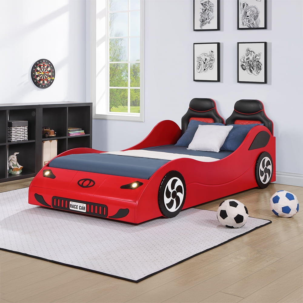 RED TWIN CAR BED Red Finish Wood, Composite Wood, Upholstered - Walmart.com