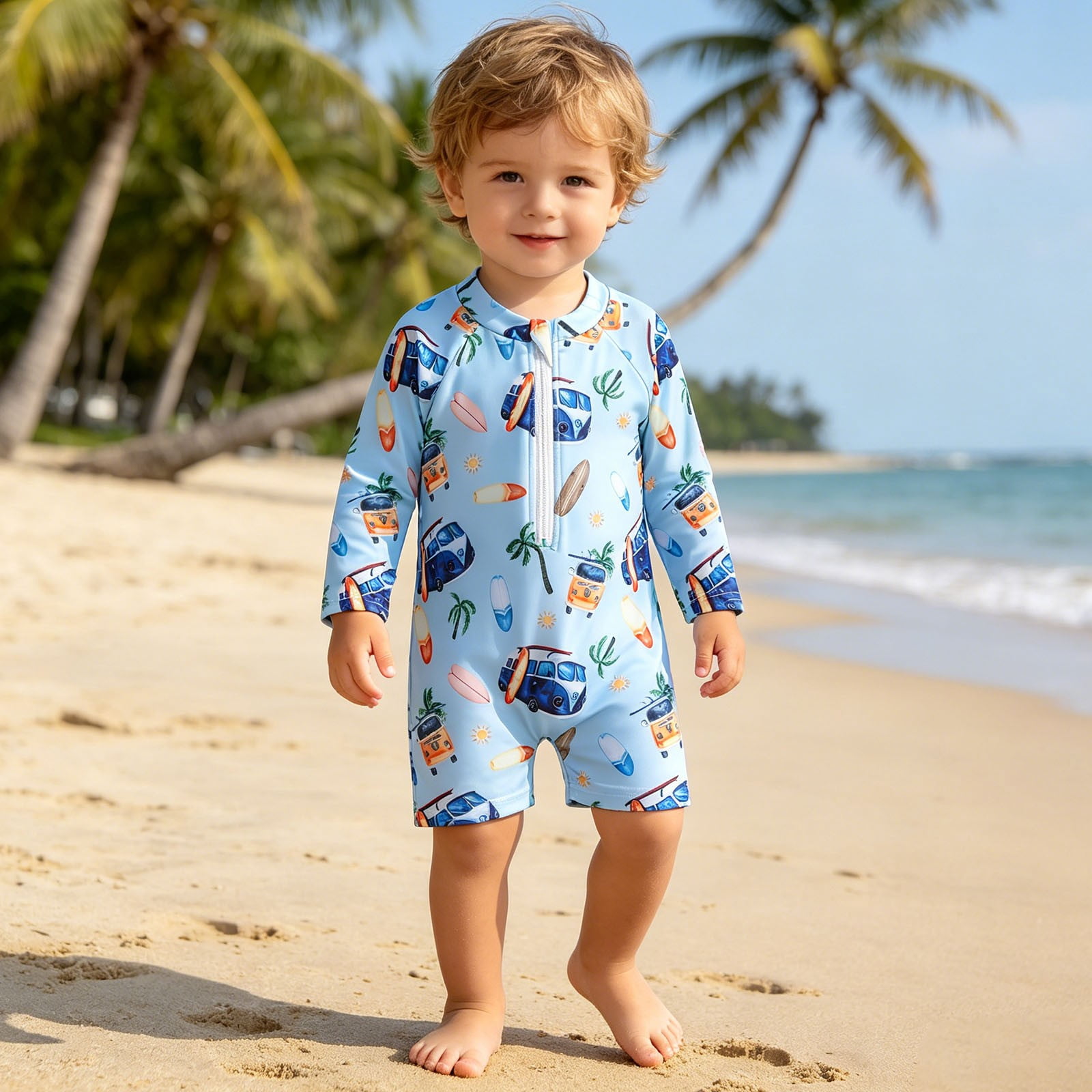 REDARER Boys Tropical Print Rash Guard, Light Blue Surf Van Long Sleeve ...