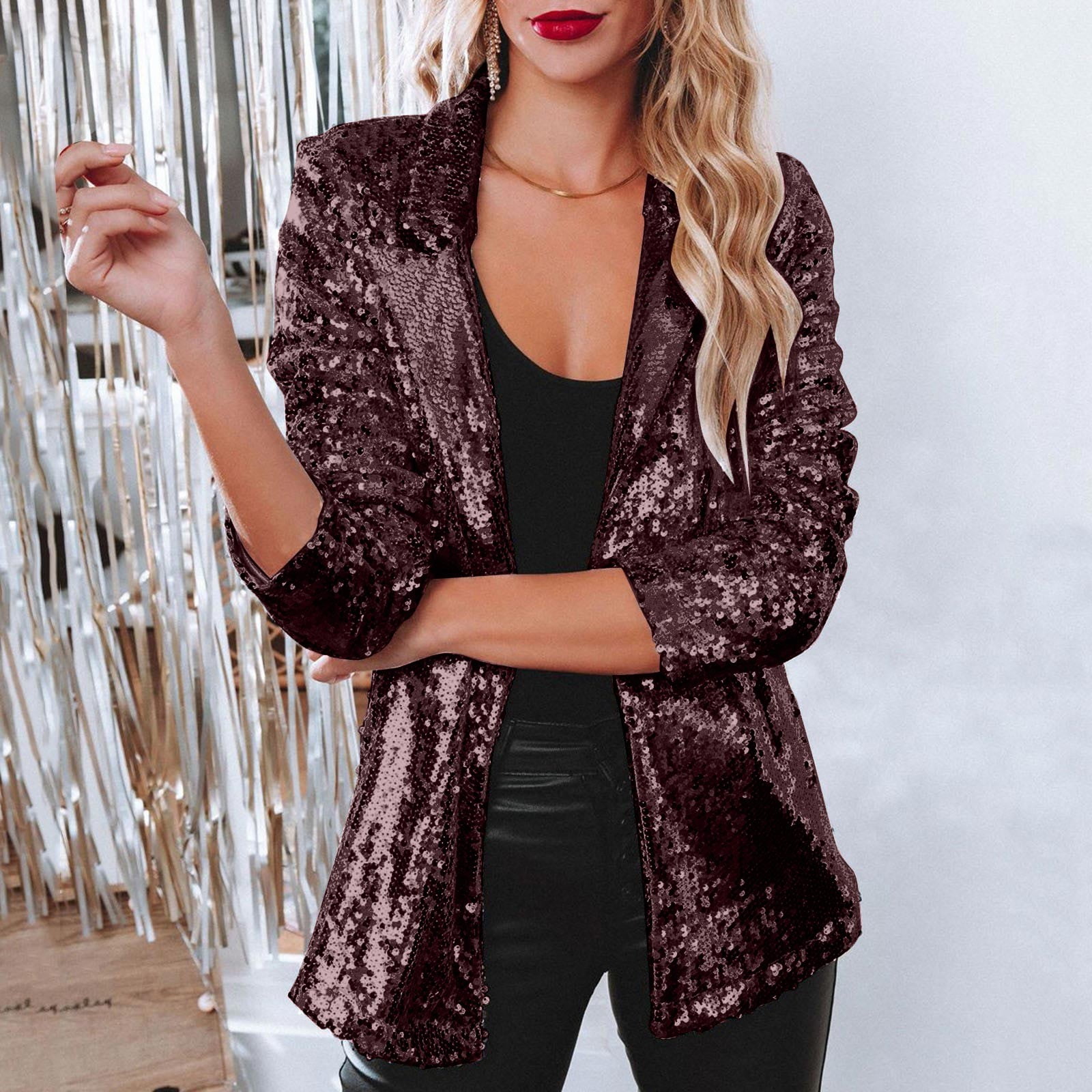REDARER Business Casual Blazer Work Office Coats Pocket Back Slit Jacket Suit Women Sequins ...