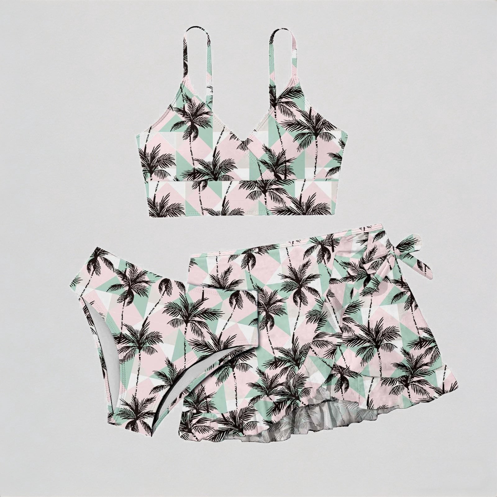 REDARER Girls' 3-Piece Swim Set – Tree Print, Cross-Front Top, Bottoms ...