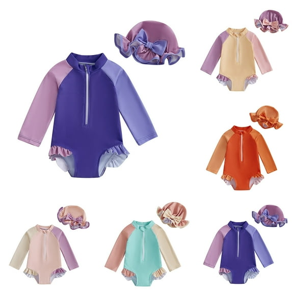 REDARER Girls Long Sleeve Swimsuit with Hood Color Block Design ...