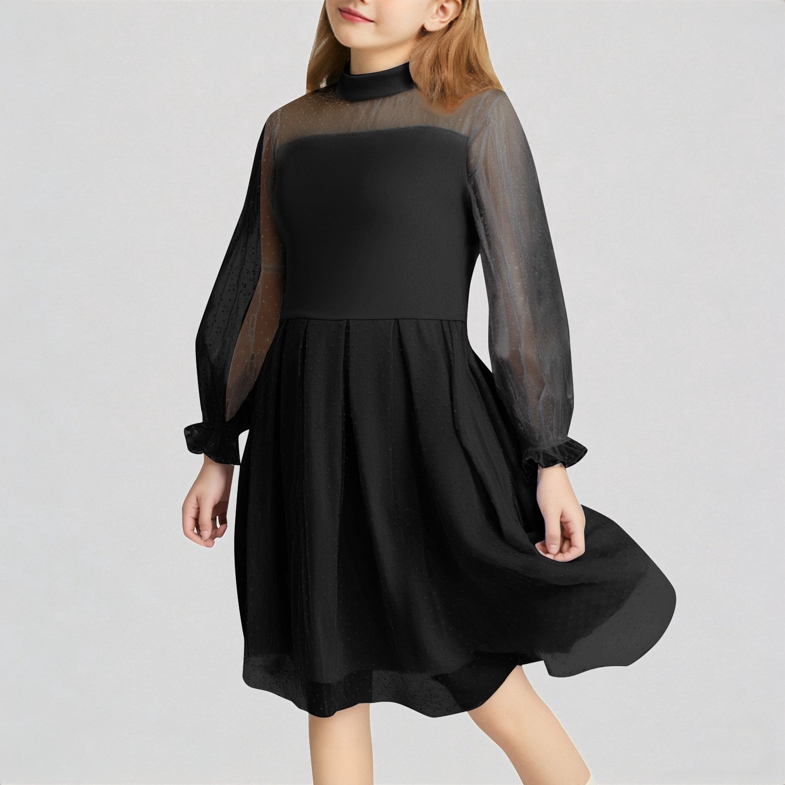 REDARER Girls' Neck Dress with Sheer Dot Mesh Long Sleeves & Flowy ...