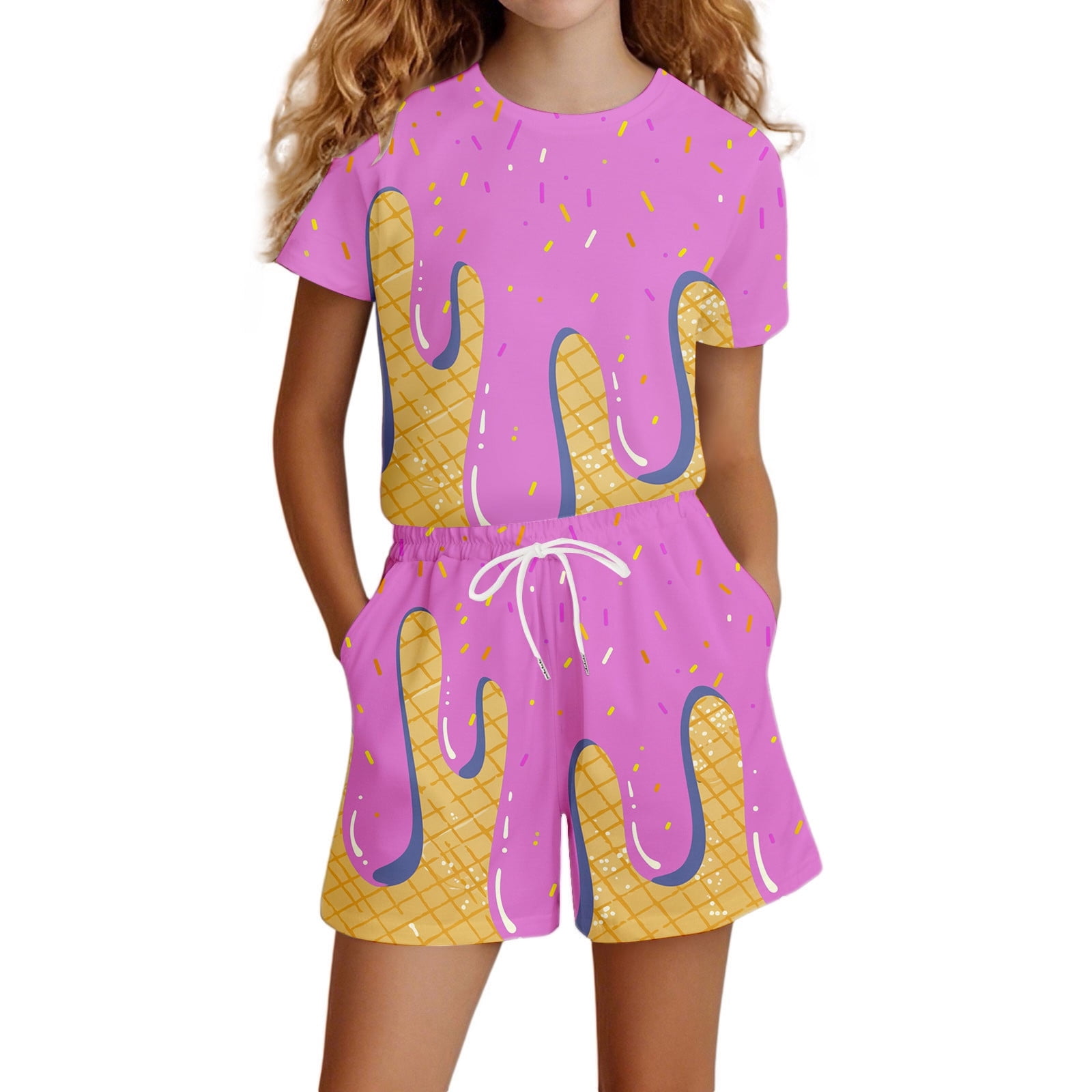 REDARER Girls Summer Outfits Casual Ice Print Short Sleeve Shorts Set ...