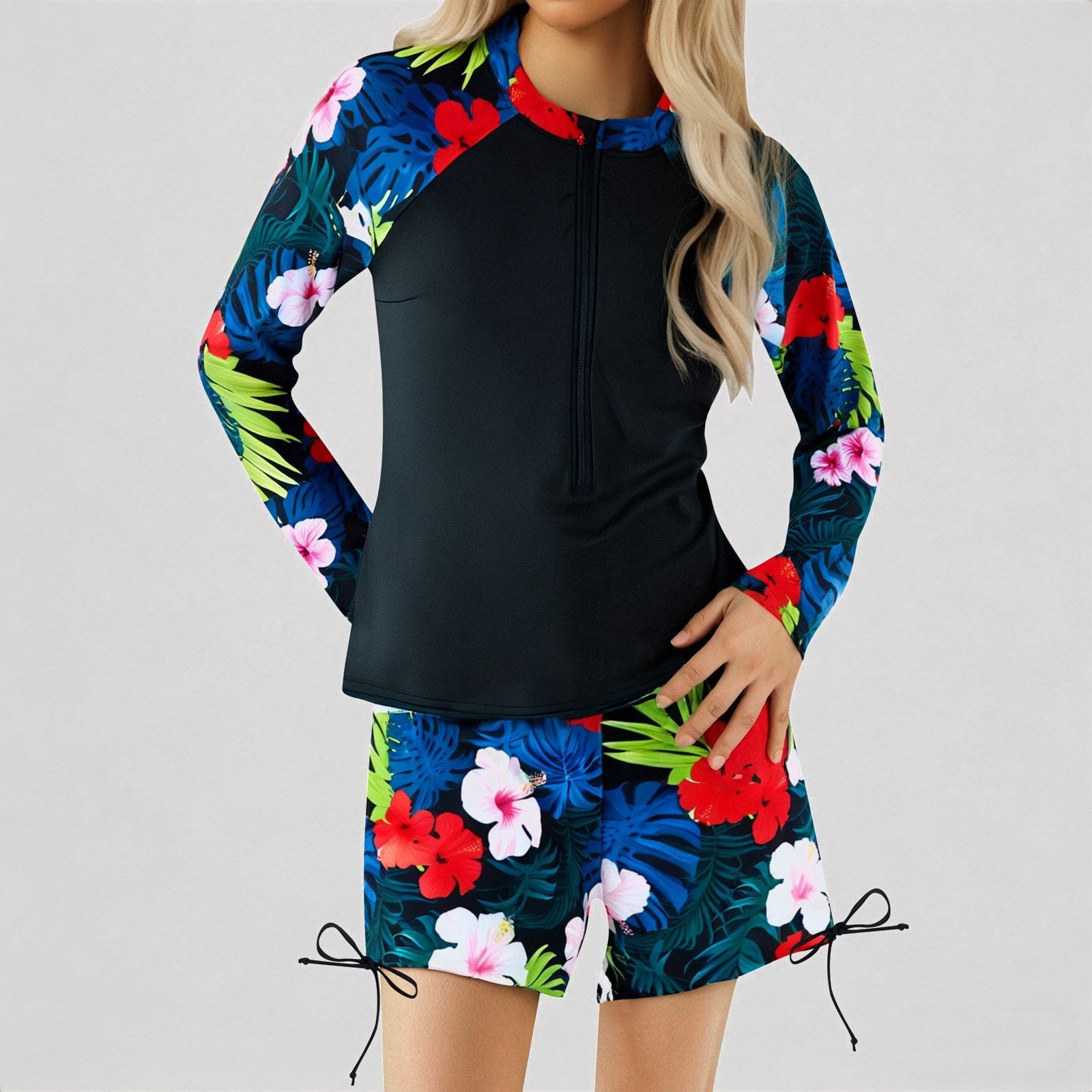 REDARER Girls 2-Piece Long Sleeve Swim Set â Tropical Floral Print ...