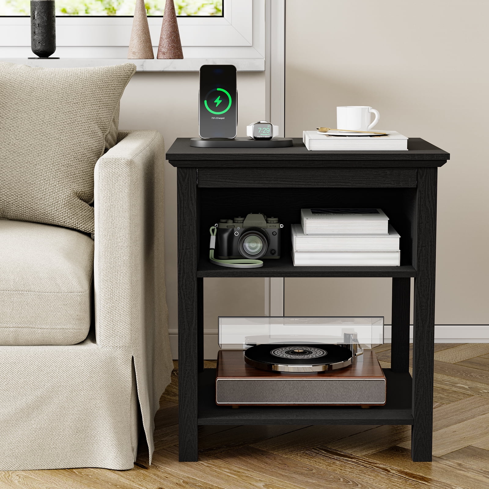REDAYFUR End Table with Sliding Top Storage,Wooden Nightstand with ...