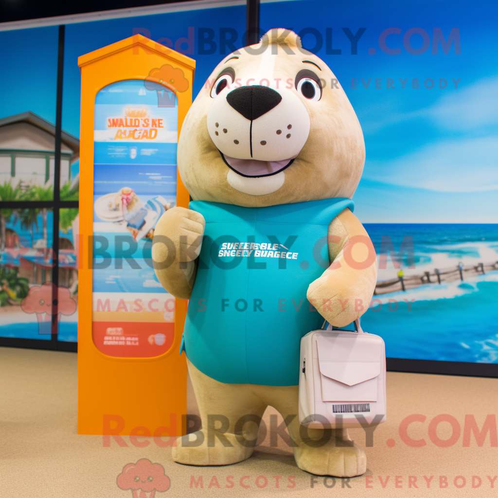 REDBROKOLY mascot character of a Beige Sea Lion dressed with a Board ...
