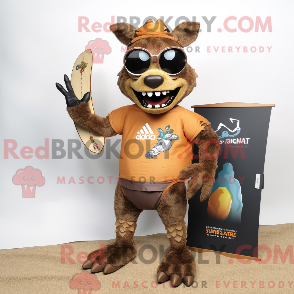 REDBROKOLY mascot character of a Brown Chupacabra dressed with a Board ...